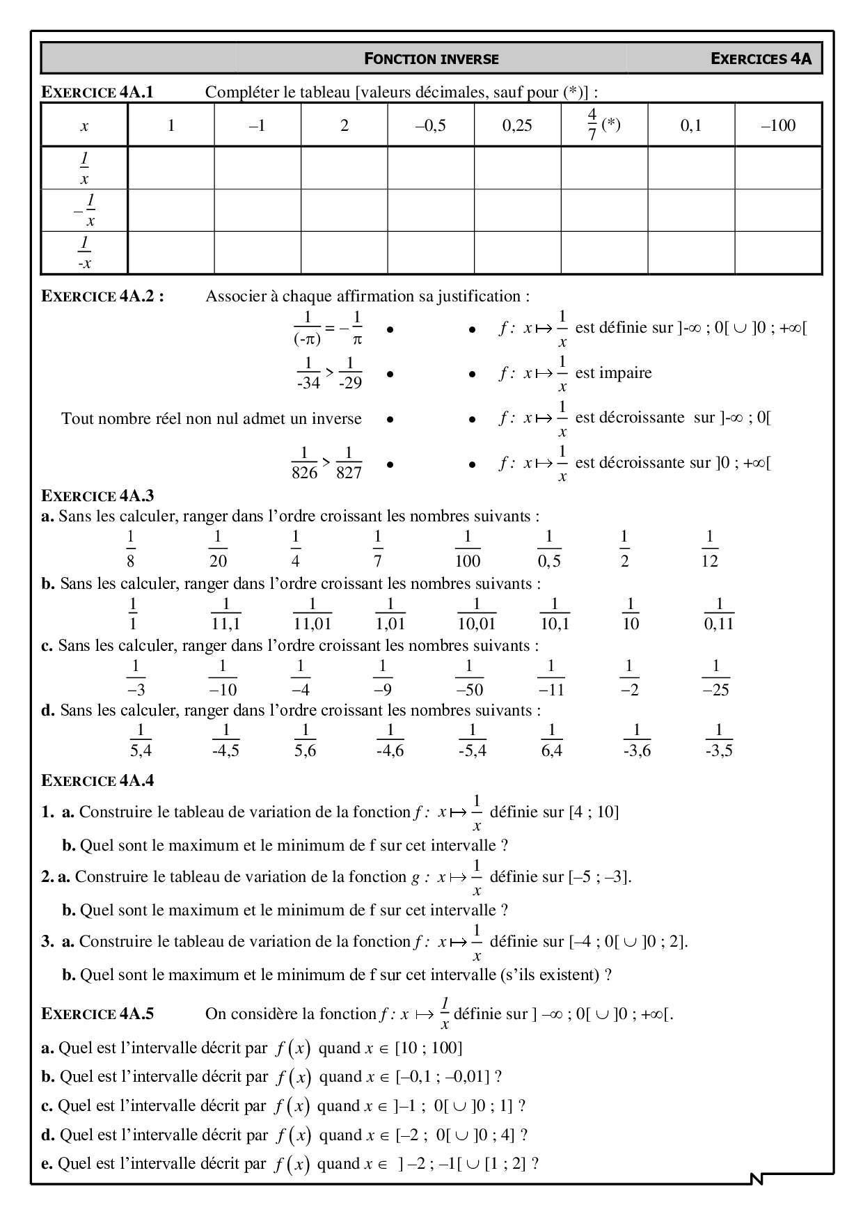 Fonction inverse (calculs définition et sens de variation) - Exercices ...