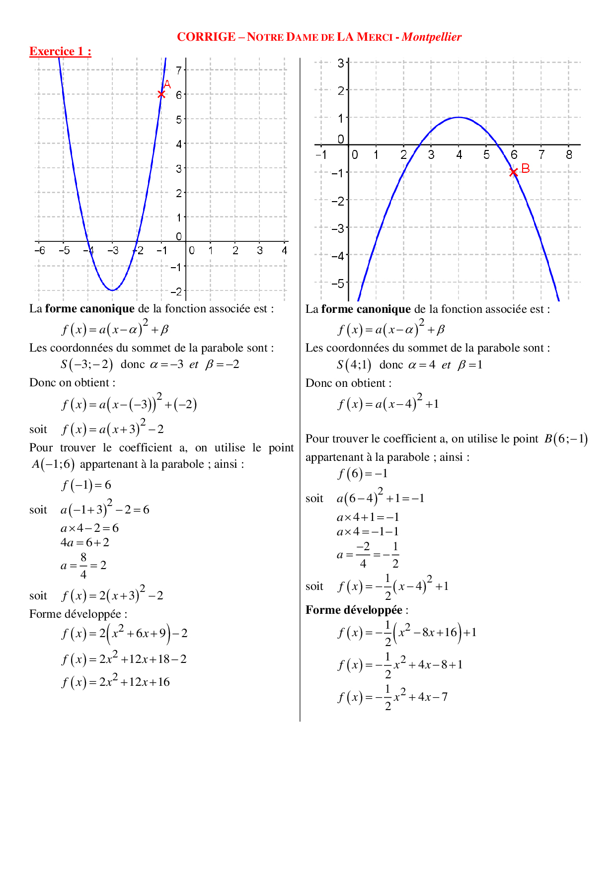 Reconnaître une forme canonique à partir d'un graphique - Corrigés d ...