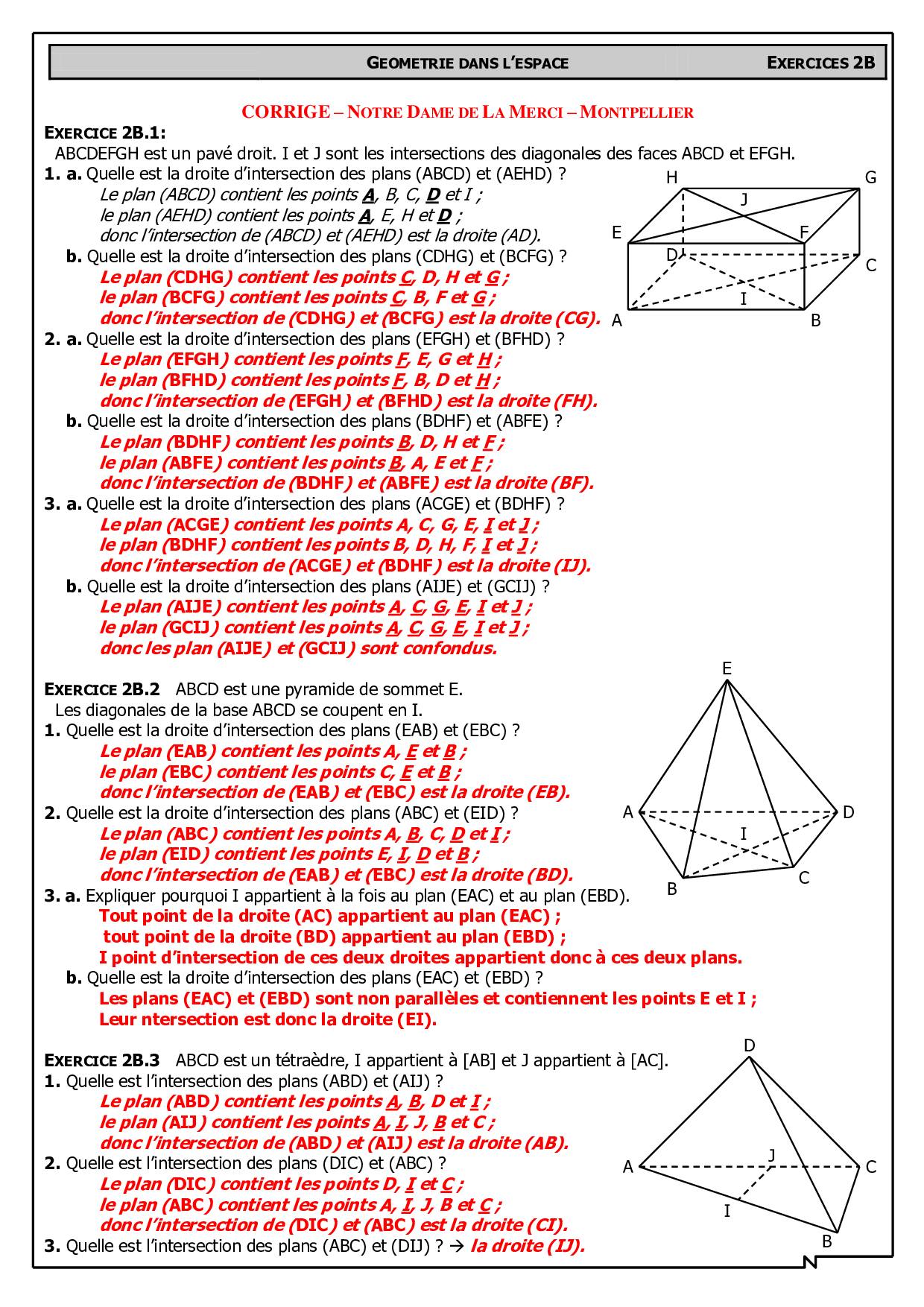 Intersections de plans - Corrigés d'exercices - AlloSchool