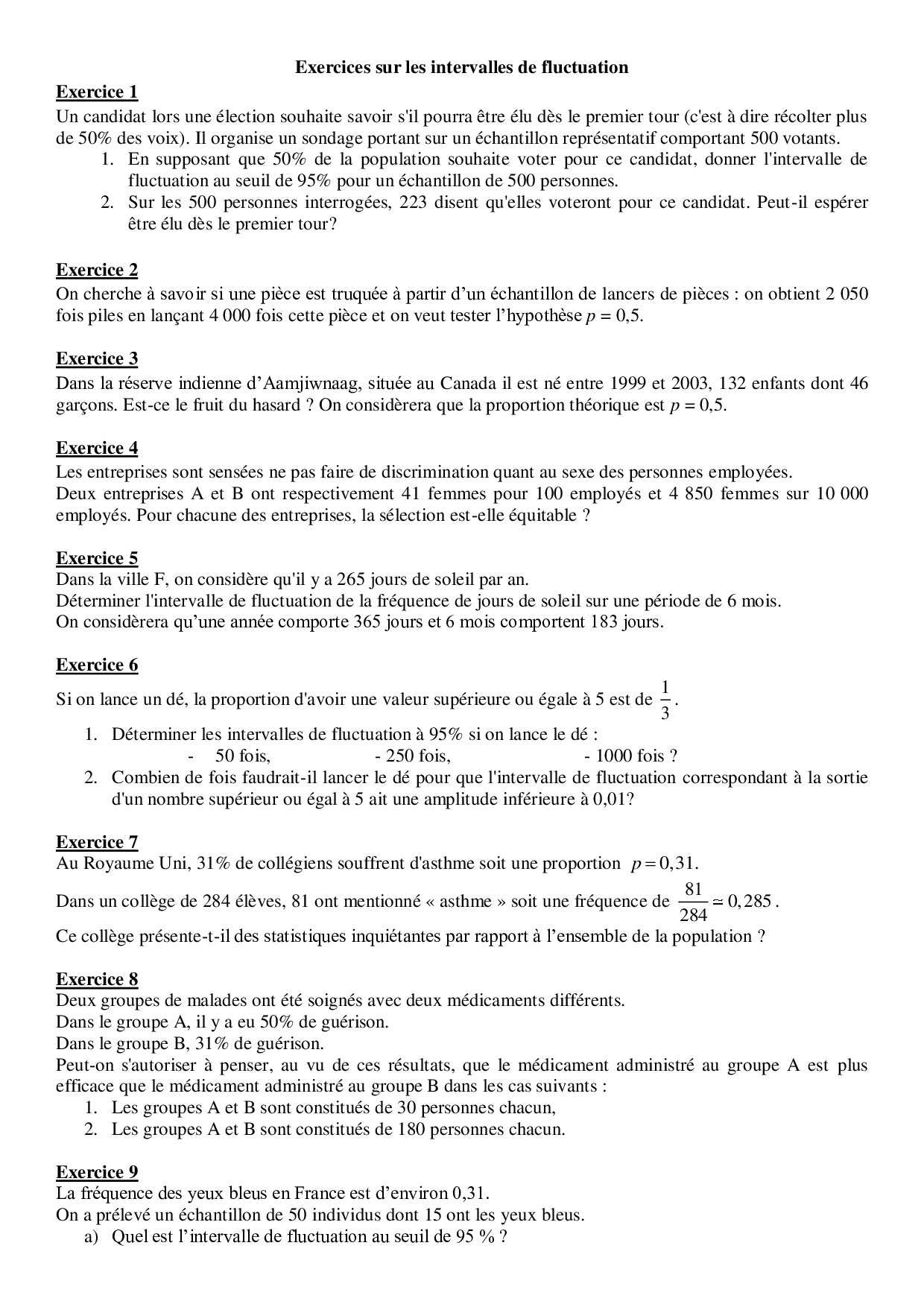 Intervalles de fluctuation - Exercices - AlloSchool