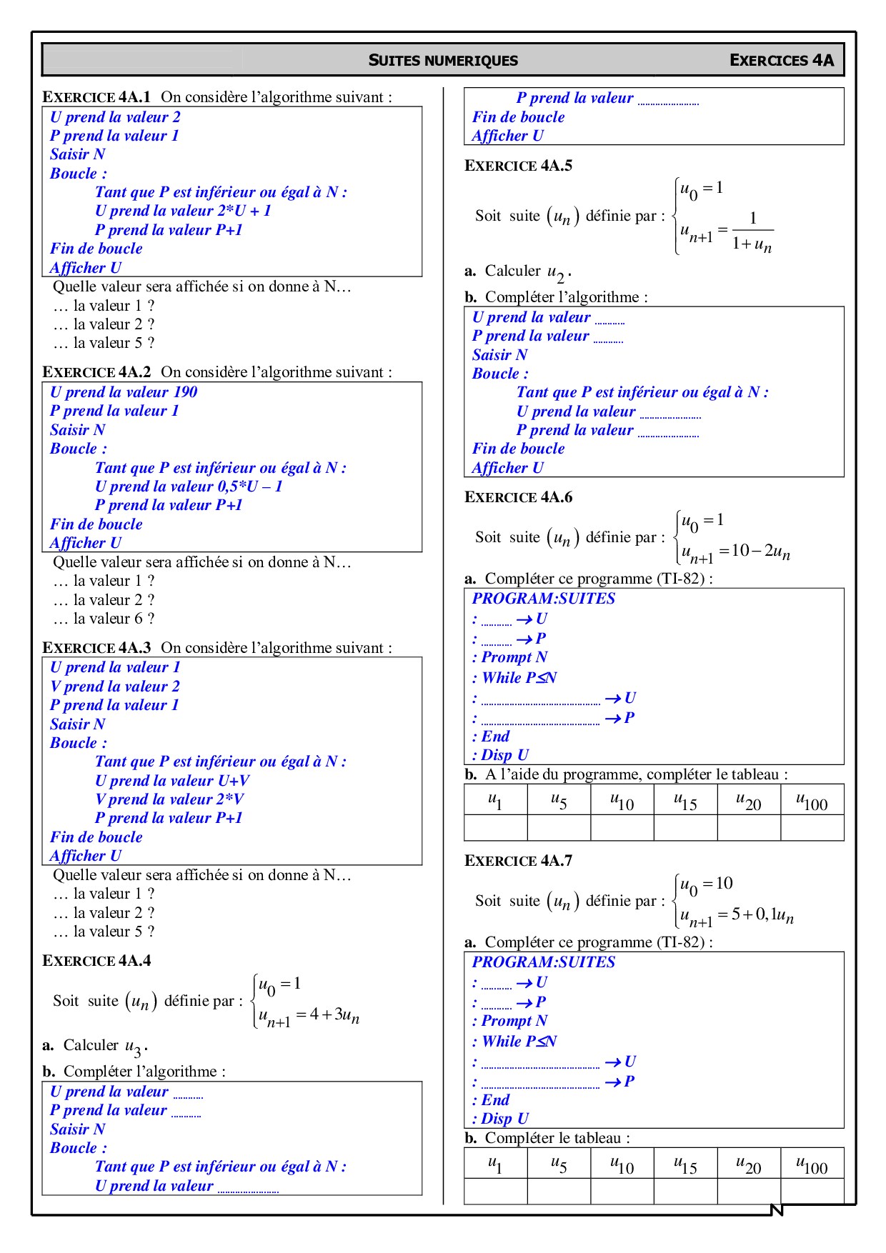 Algorithmes et suites - Exercices - AlloSchool
