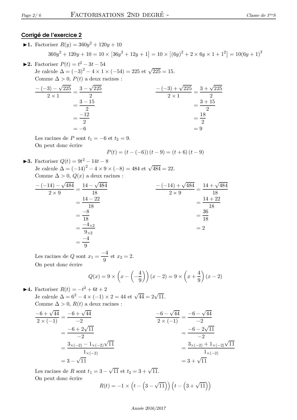 Factorisation d'un polynôme du second degré - Corrigé série d'exercices ...