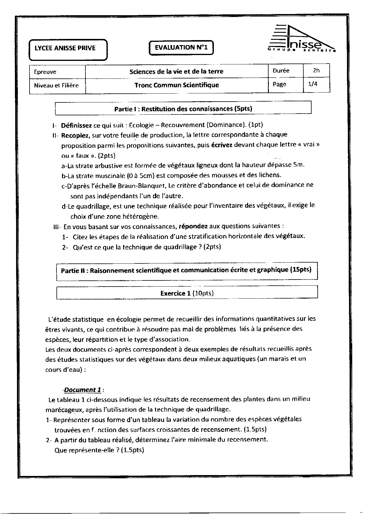 Devoir 1 Modèle 2 - SVT TC Semestre 1 - AlloSchool