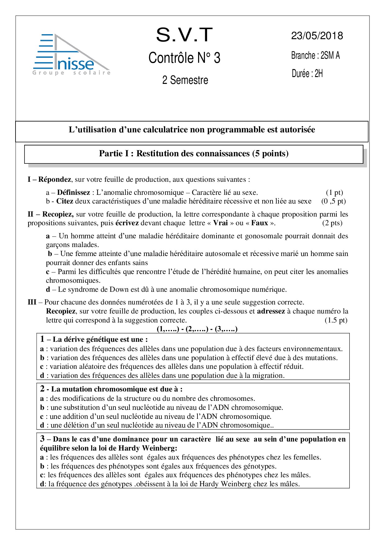 Devoir 3 Modèle 1 - SVT 2 Bac SM-A Semestre 2 - AlloSchool
