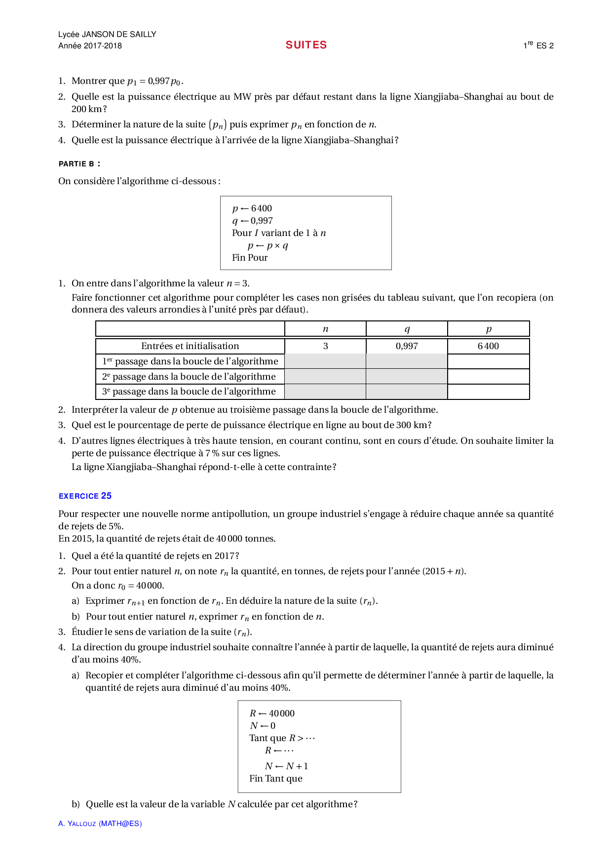 Suites numériques - Exercices non corrigés - AlloSchool