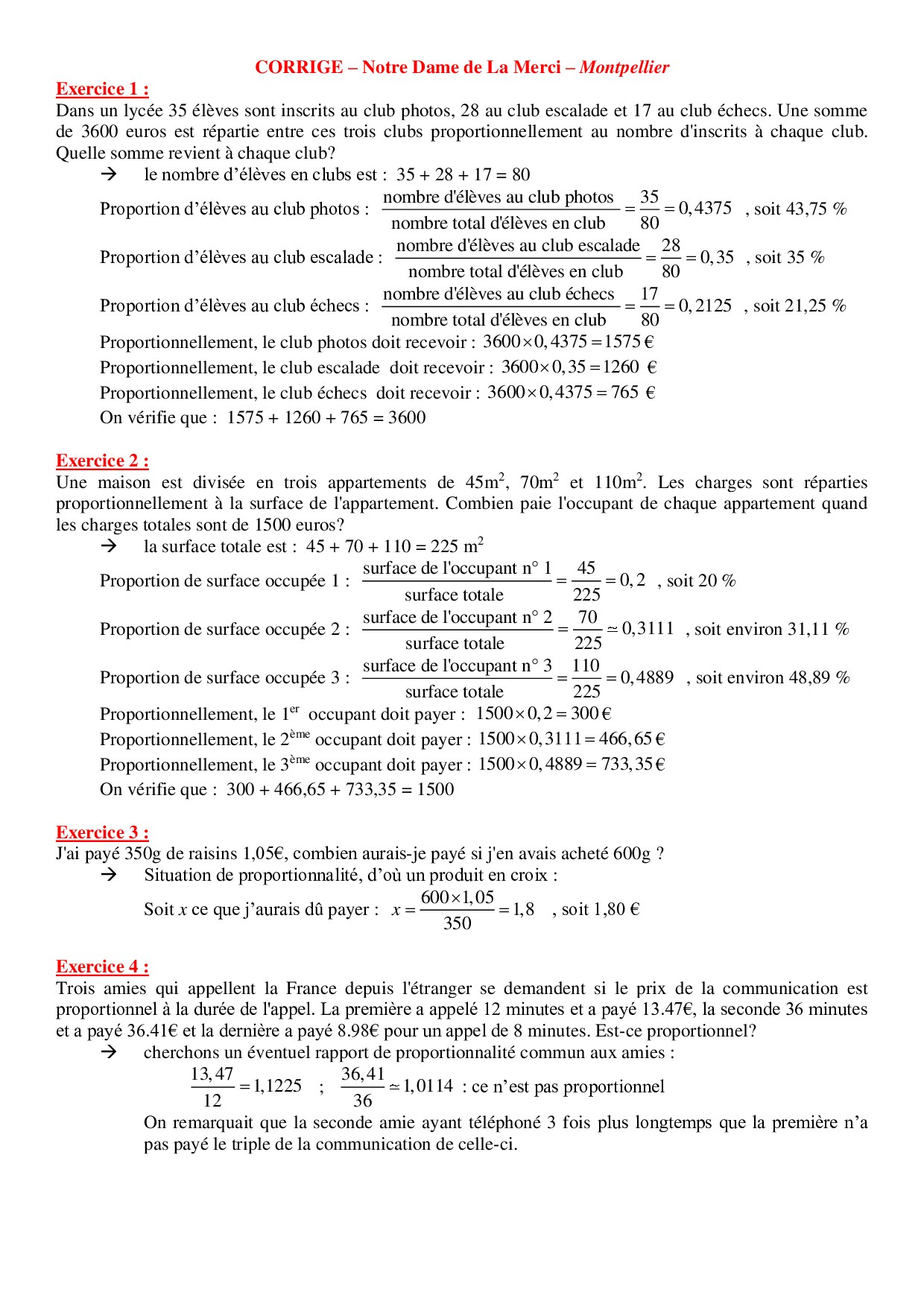 La proportionnalité et les pourcentages - Corrigés d'exercices - AlloSchool