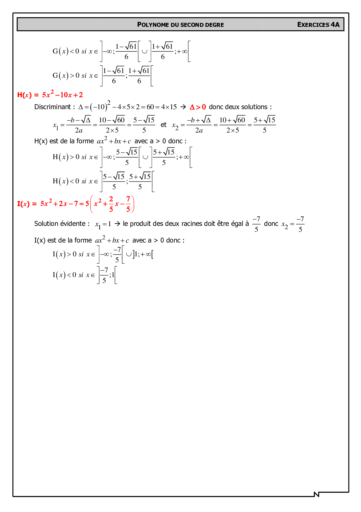Signe d'un polynôme du second degré - Corrigés d'exercices - AlloSchool
