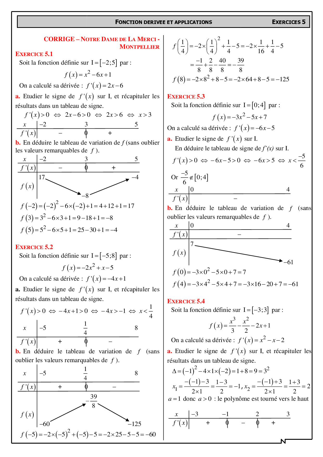 Signe de la dérivée et sens de variation - Corrigés d'exercices ...
