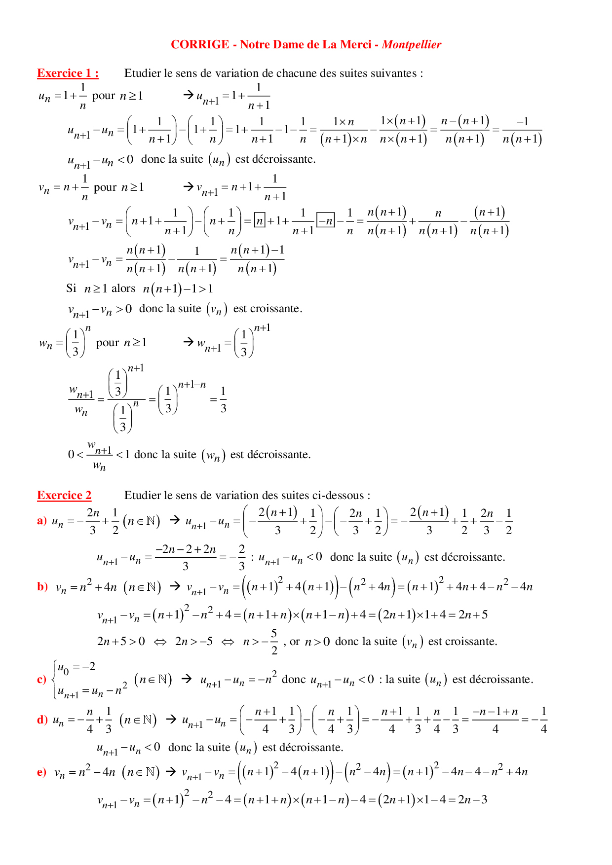 Les variations de suites - Corrigés d'exercices - AlloSchool
