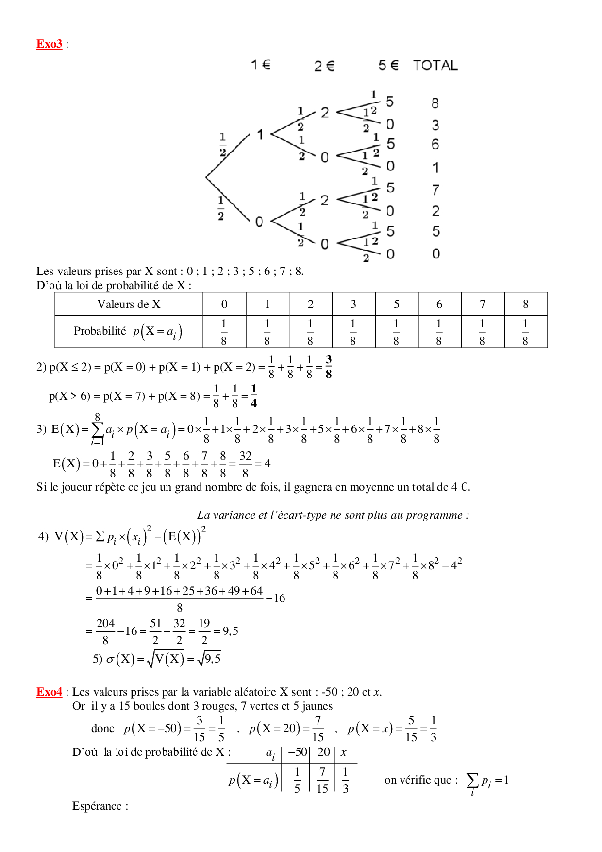 Variables aléatoires - Corrigés d'exercices - AlloSchool