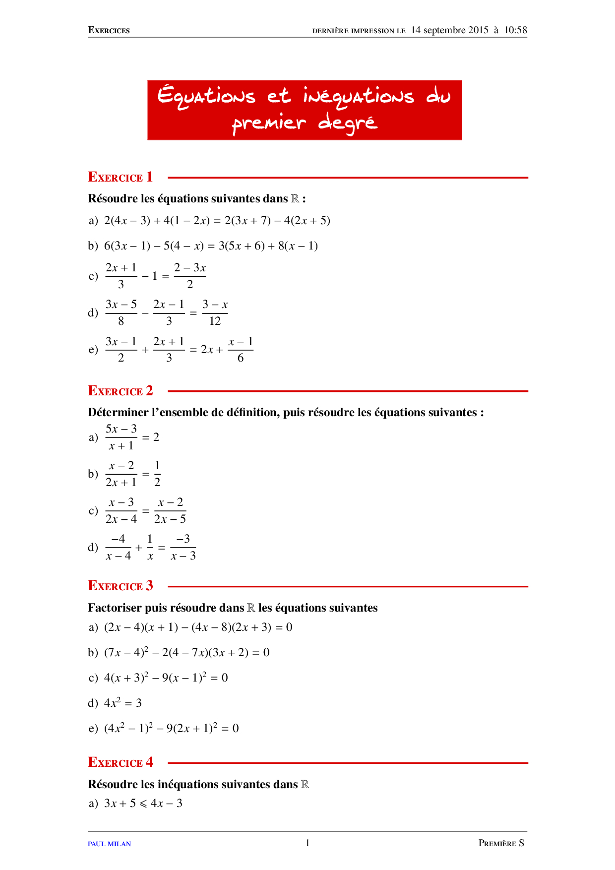 Equations et inéquations du premier degré - Exercices non corrigés ...