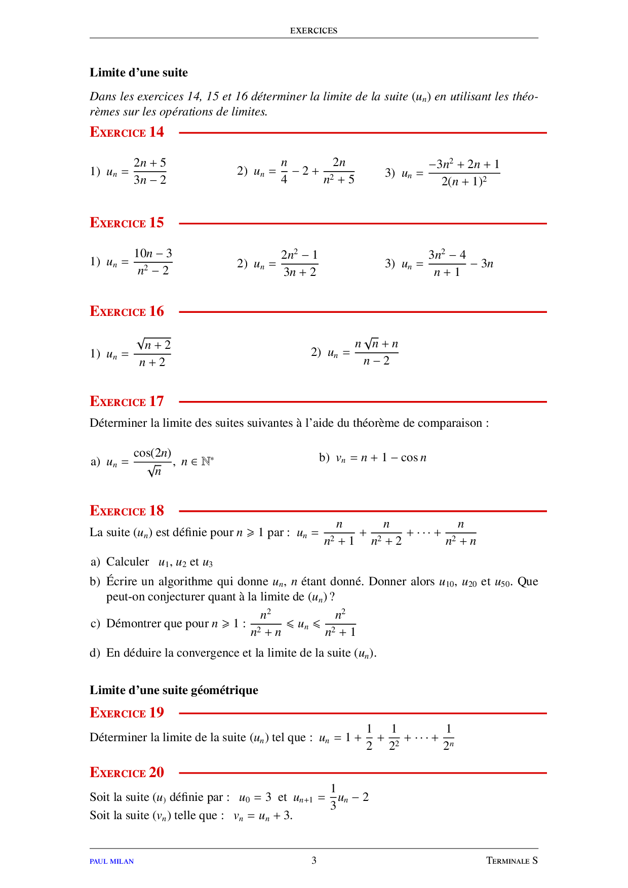 Raisonnement par récurrence - Limites de suites - Exercices non ...