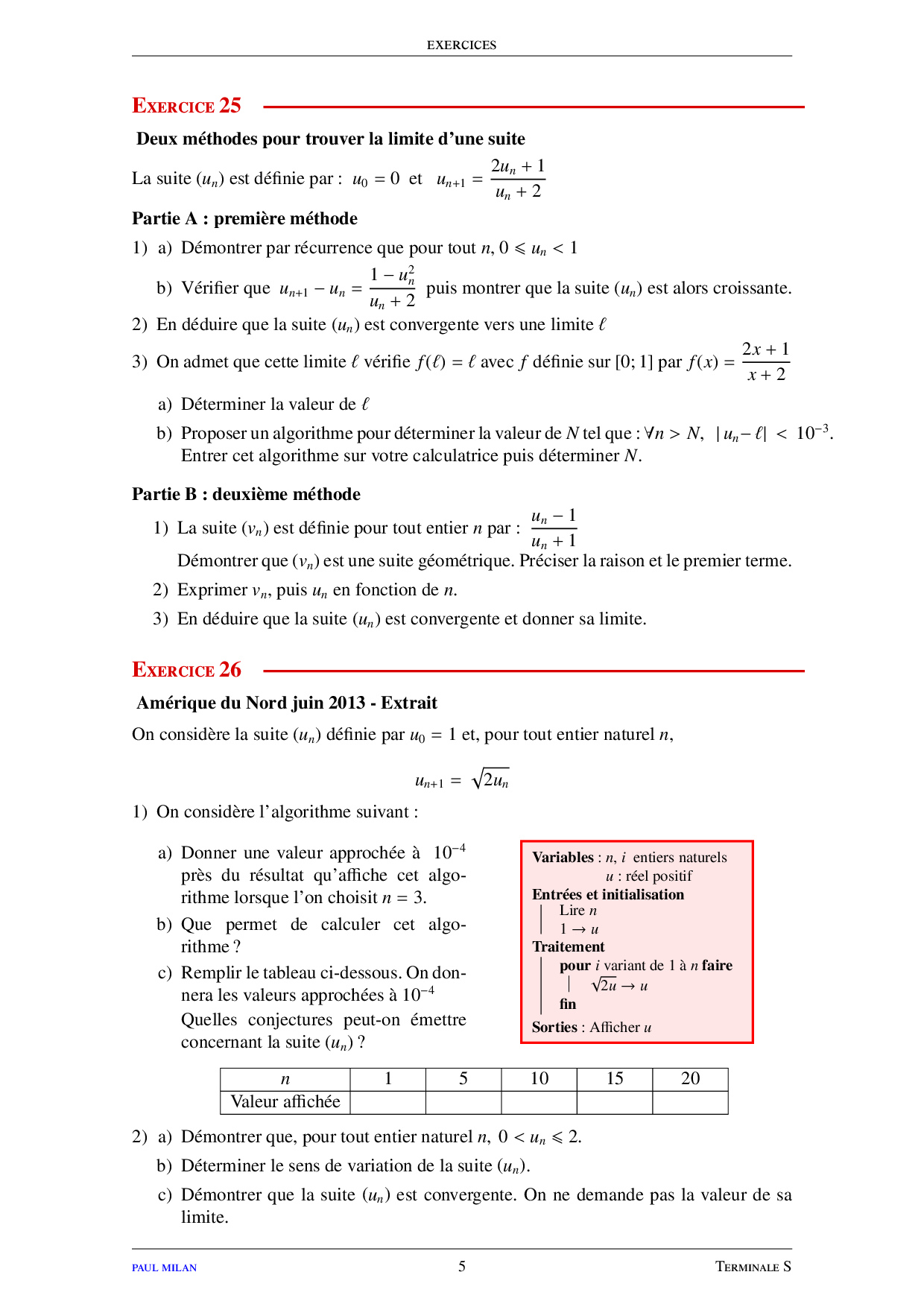 Raisonnement par récurrence - Limites de suites - Exercices non ...