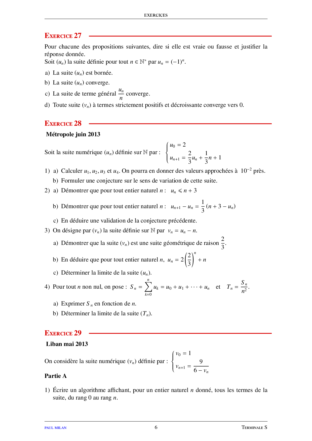 Raisonnement par récurrence - Limites de suites - Exercices non ...