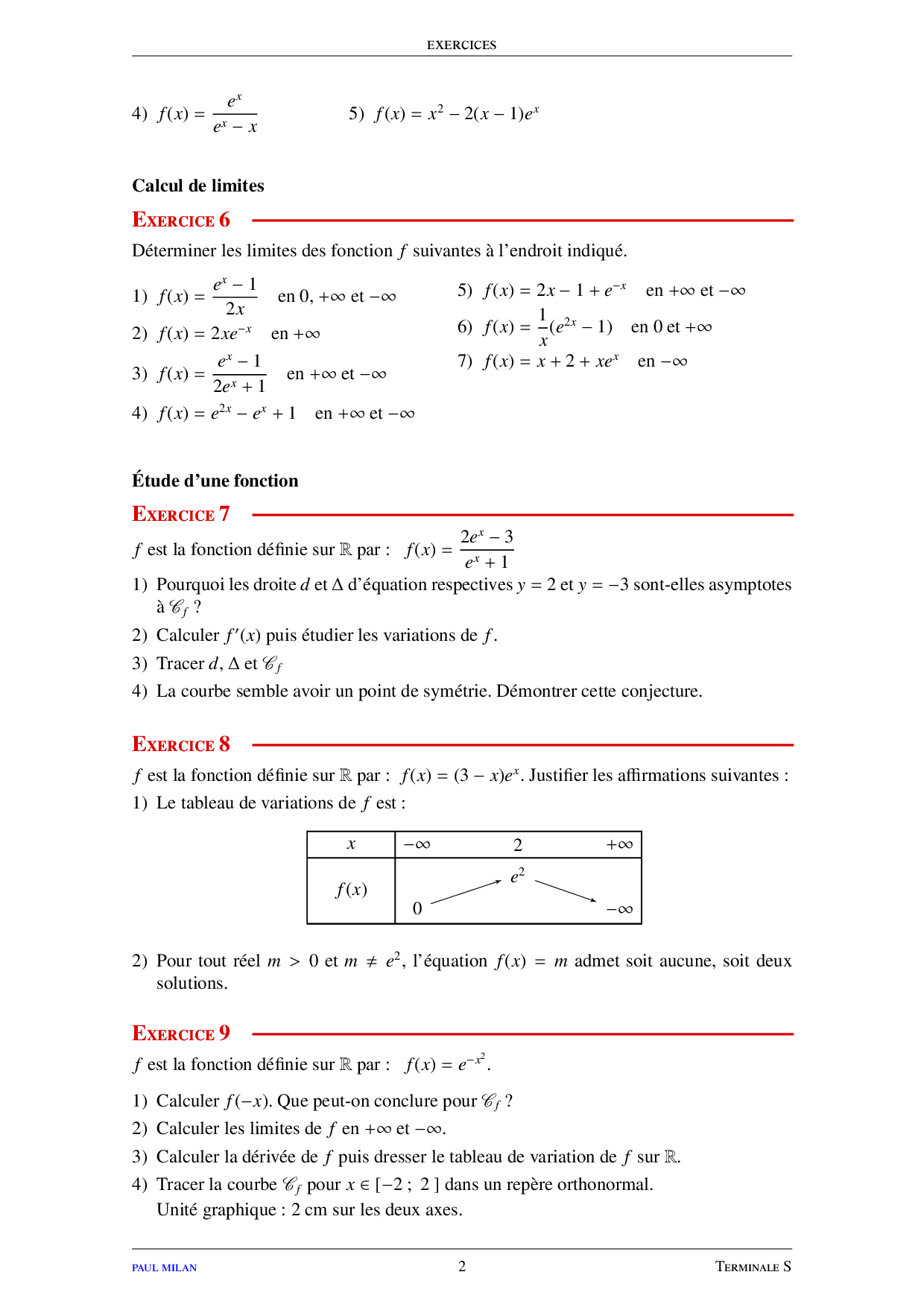 La fonction exponentielle - Exercices non corrigés - AlloSchool