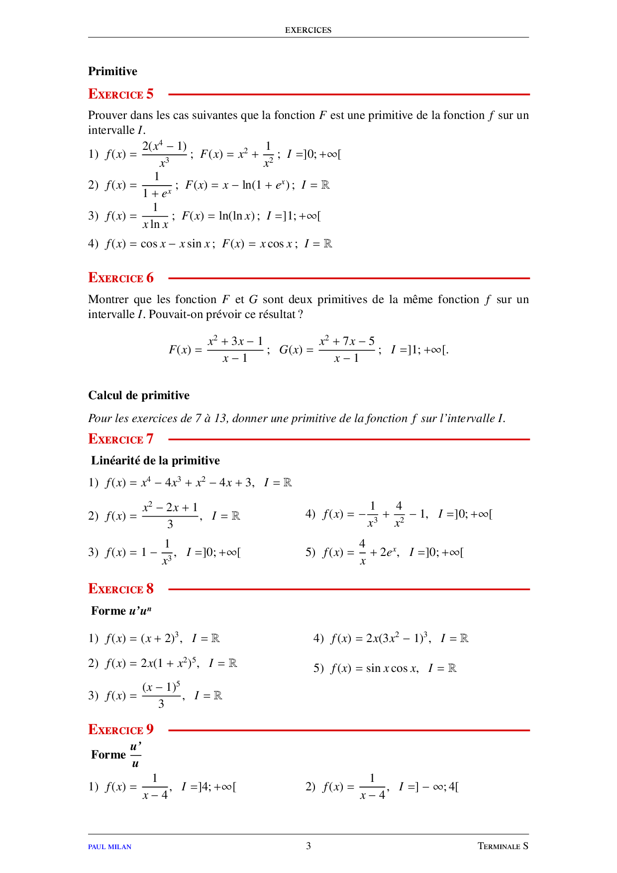 Intégration et primitive - Exercices non corrigés - AlloSchool