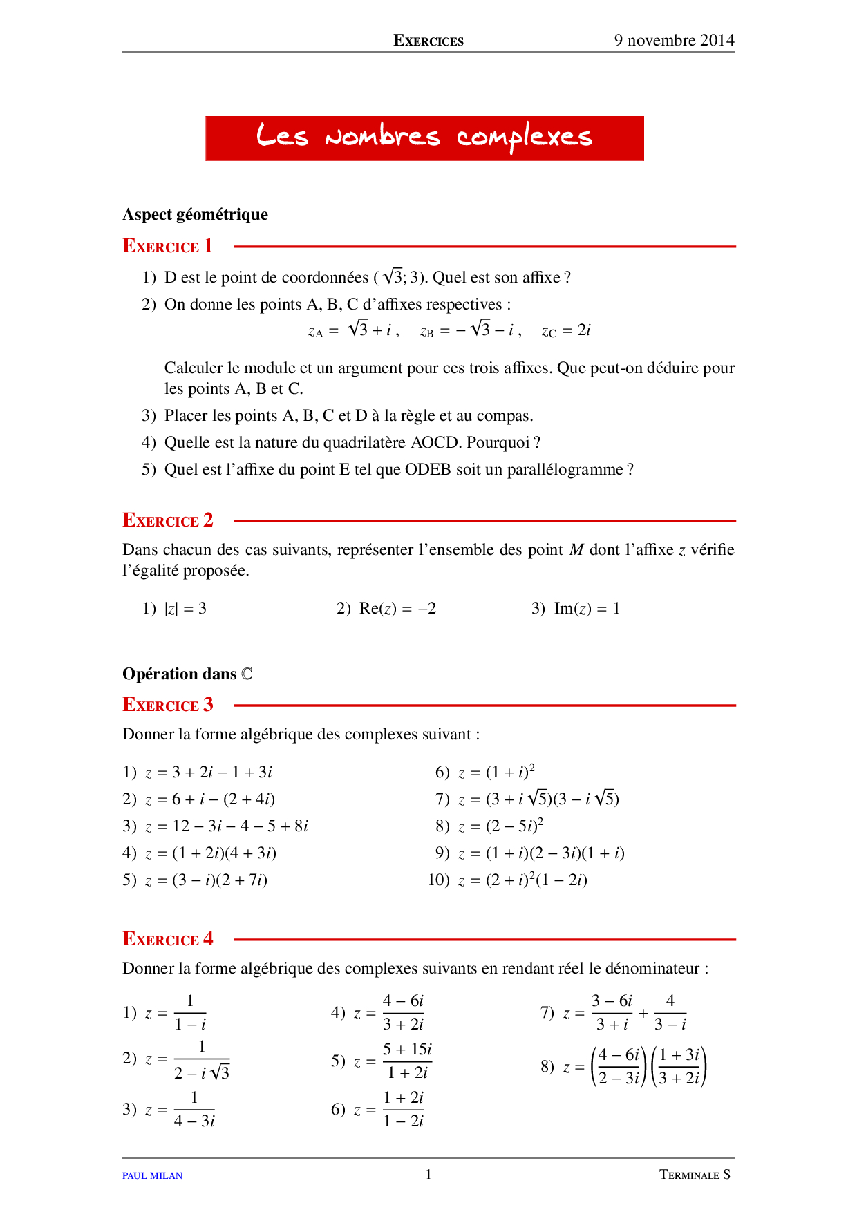 Les nombres complexes - Exercices non corrigés - AlloSchool