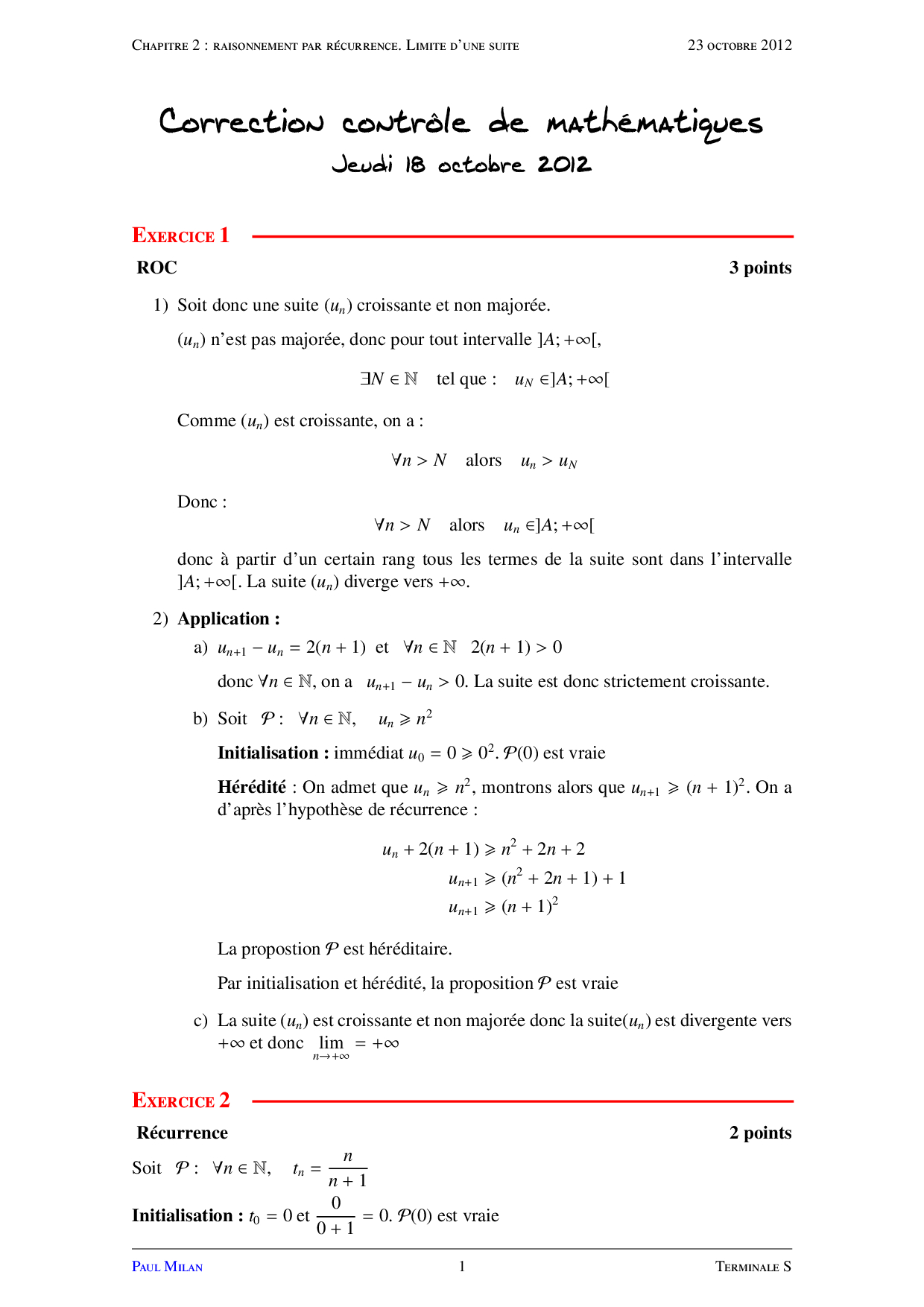 Raisonnement par récurrence - Limites de suites - Corrigé devoir 1 ...