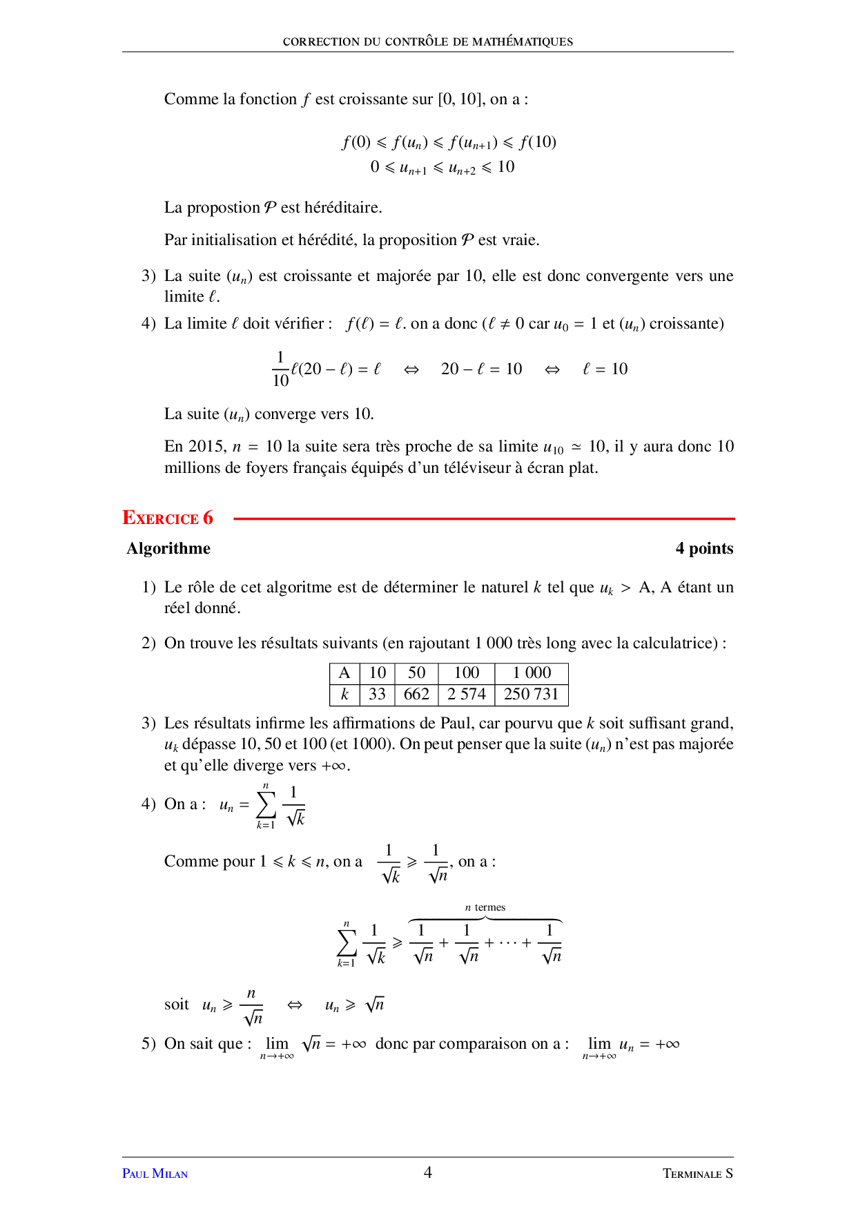 Raisonnement par récurrence - Limites de suites - Corrigé devoir 1 ...