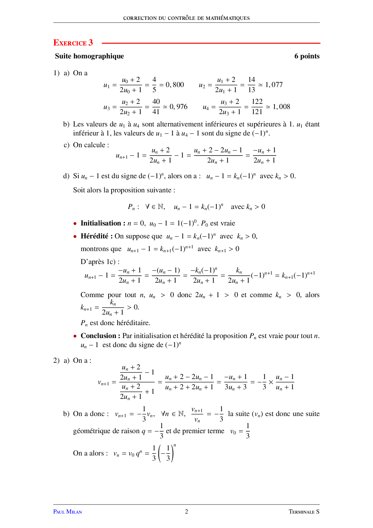 Raisonnement par récurrence - Limites de suites - Corrigé devoir 2 ...
