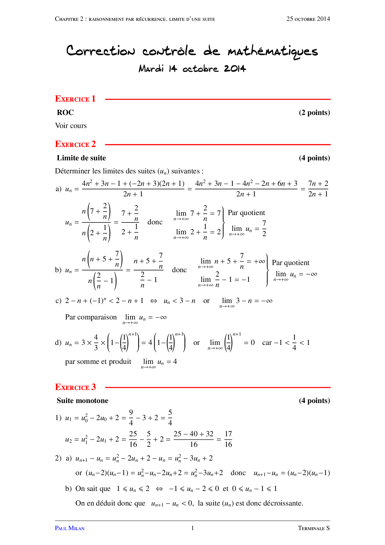 Raisonnement par récurrence - Limites de suites - Corrigé devoir 3 ...