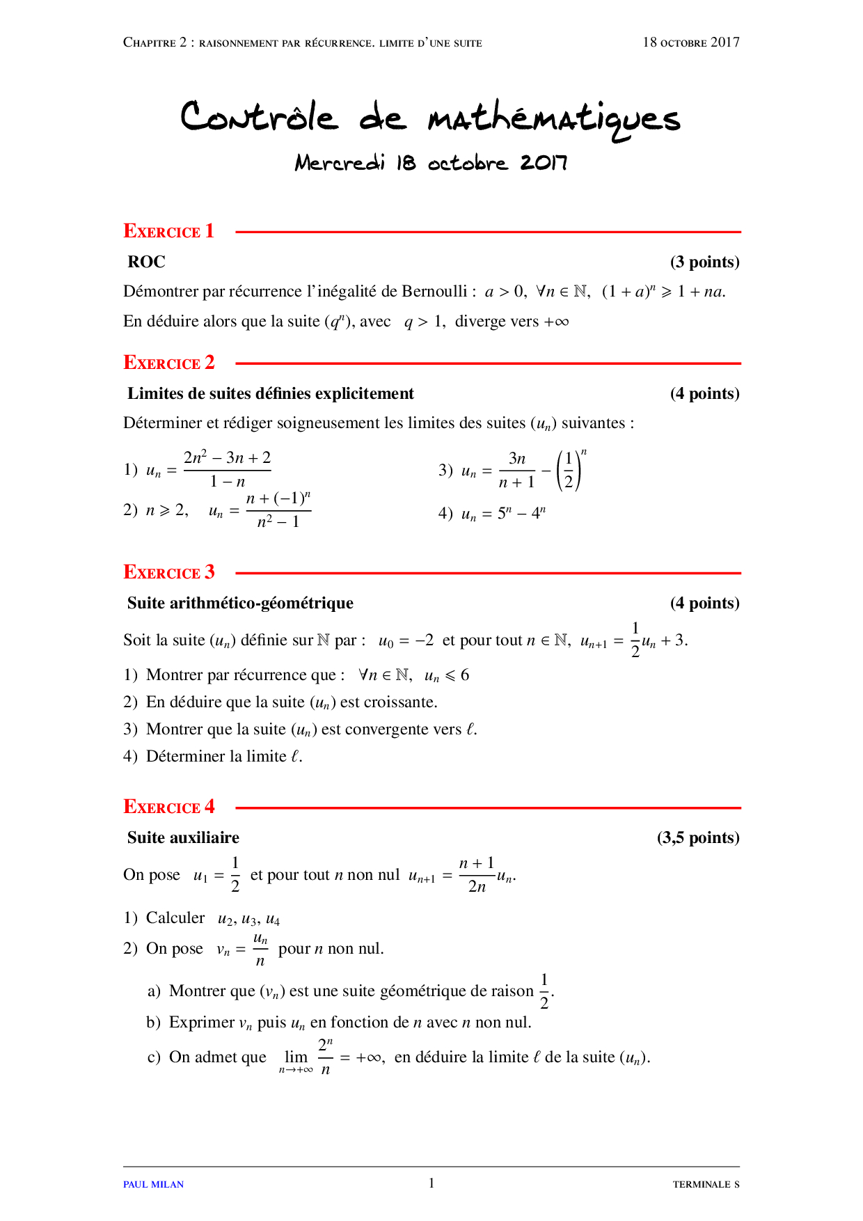 Raisonnement par récurrence - Limites de suites - Devoir 6 - AlloSchool