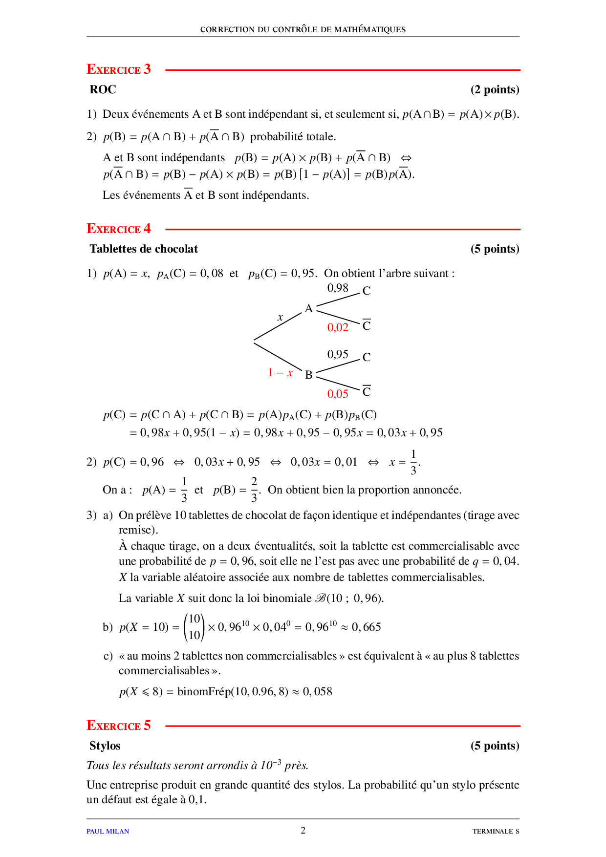 Probabilité conditionnelle et loi binomiale - Corrigé devoir 5 - AlloSchool