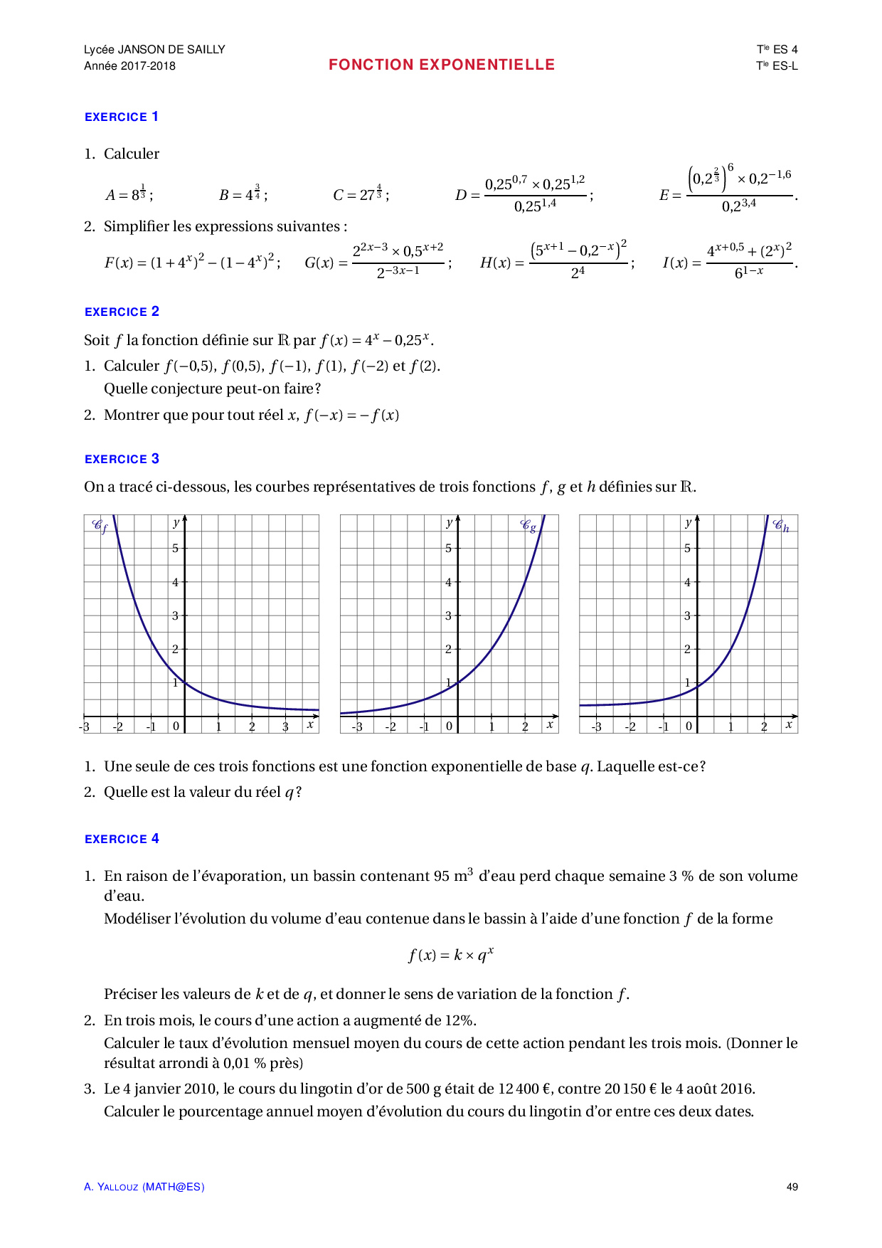Fonction exponentielle - Exercices non corrigés - AlloSchool
