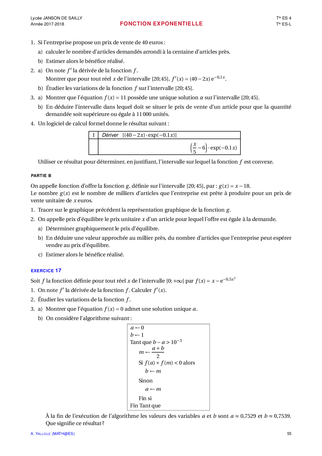 Fonction exponentielle - Exercices non corrigés - AlloSchool