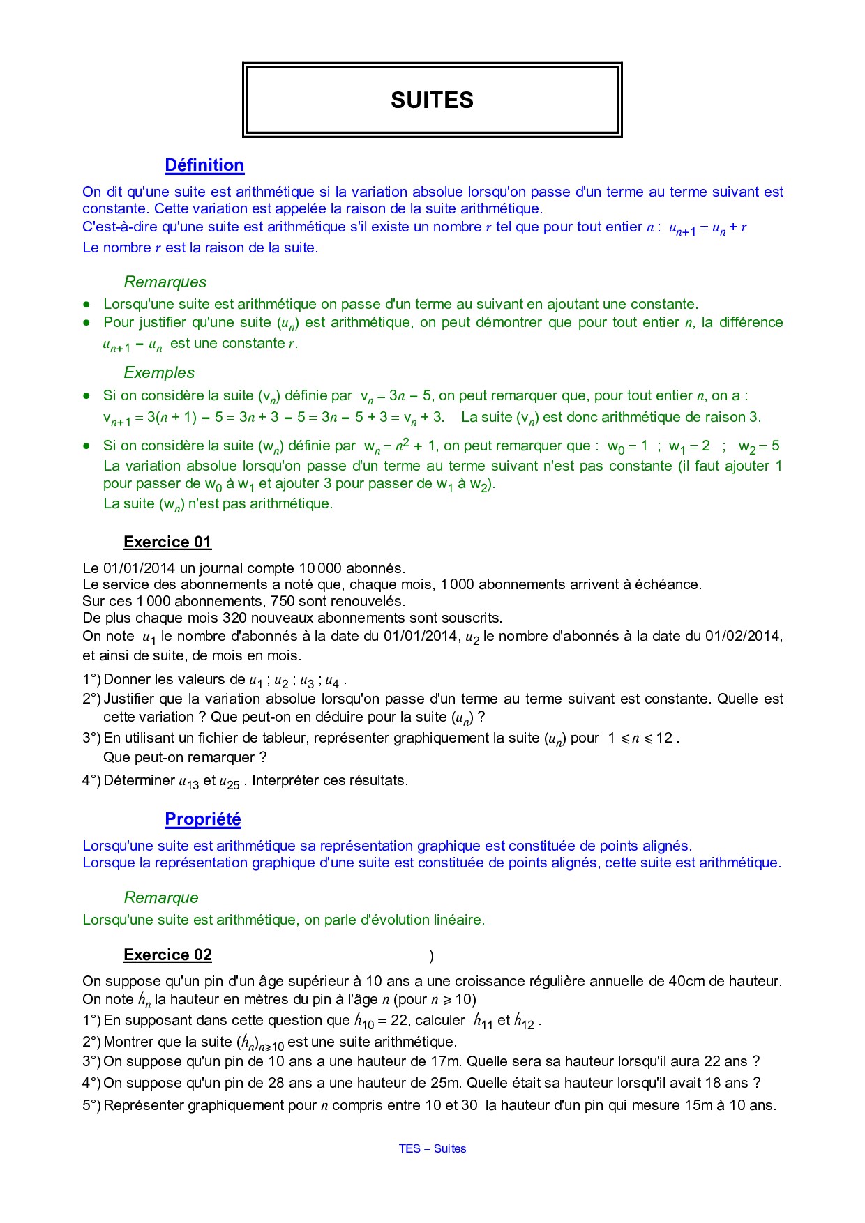 Compléments sur les suites - Résumé de cours et série d'exercices ...
