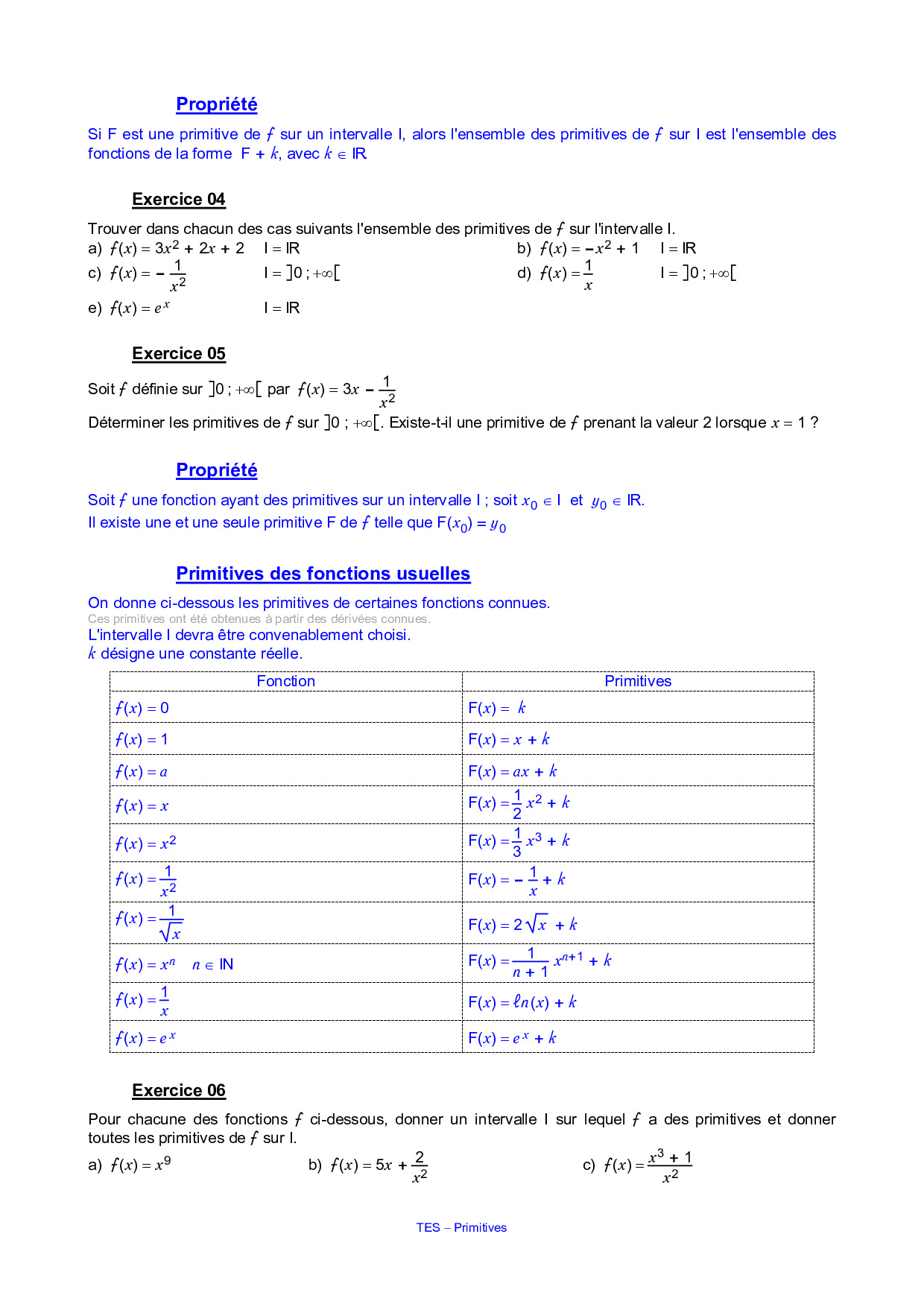 Primitives - Résumé de cours et série d'exercices - AlloSchool