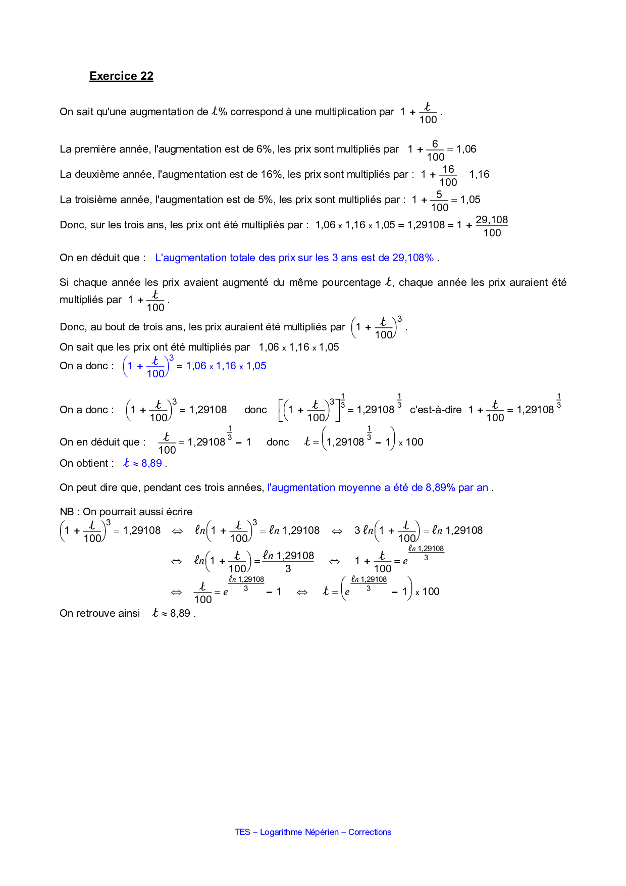 Fonction logarithme - Corrigé série d'exercices - AlloSchool