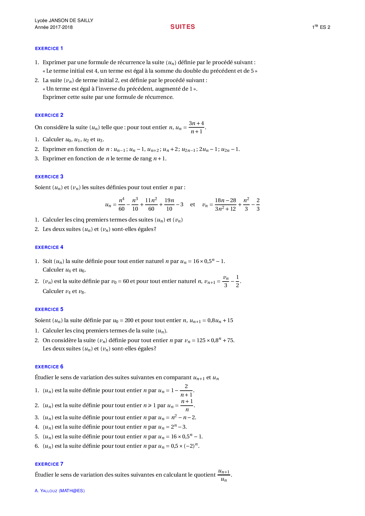 Suites numériques - Exercices non corrigés - AlloSchool