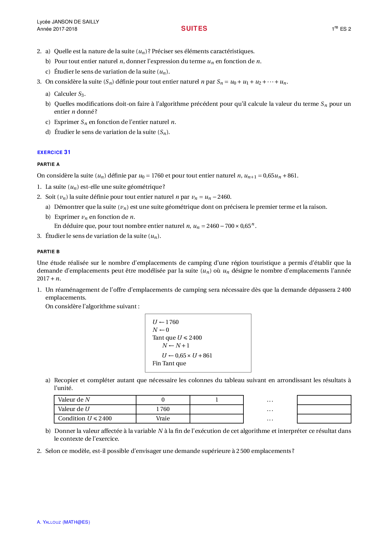 Suites numériques - Exercices non corrigés - AlloSchool