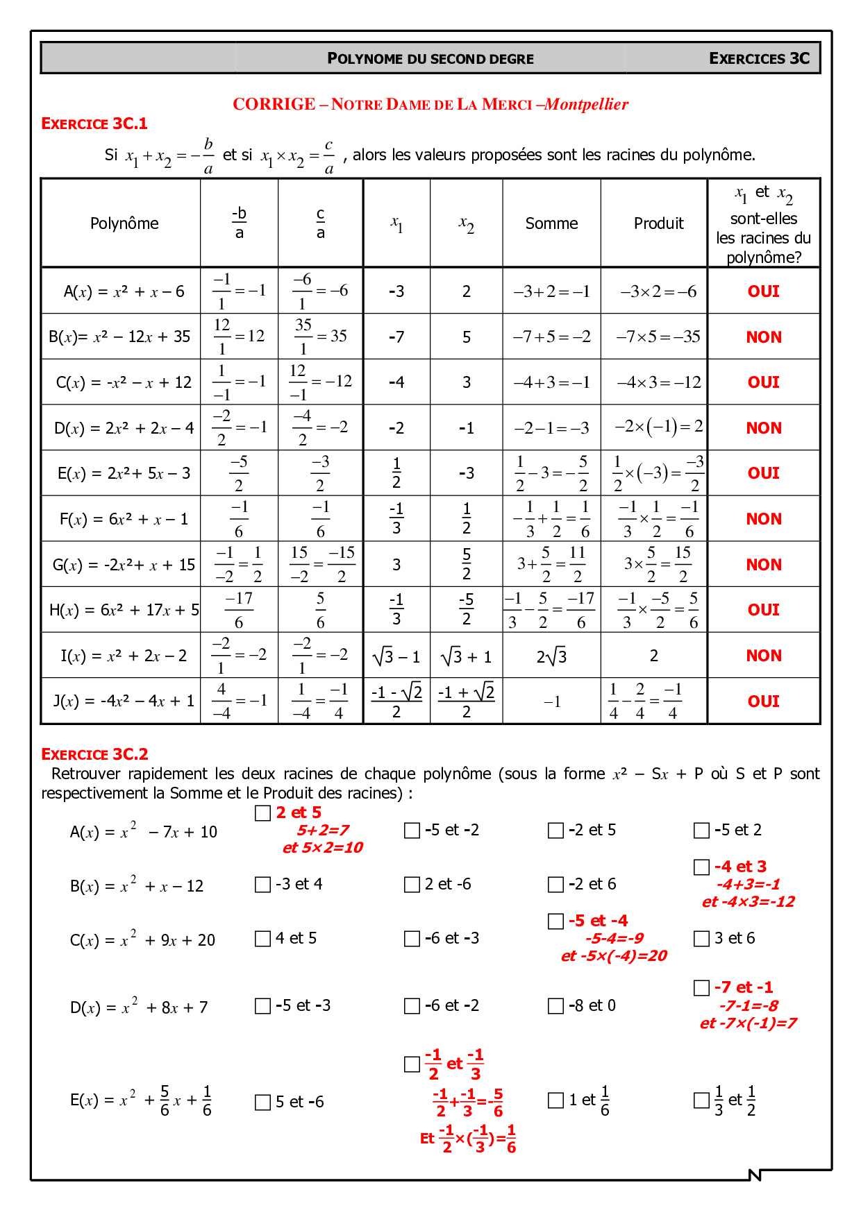 Somme et produit des racines - Corrigés d'exercices - AlloSchool