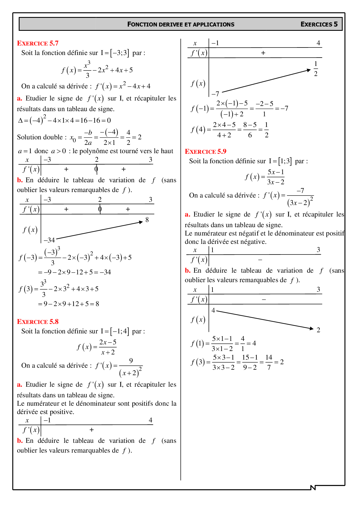 Signe de la dérivée et sens de variation - Corrigés d'exercices ...