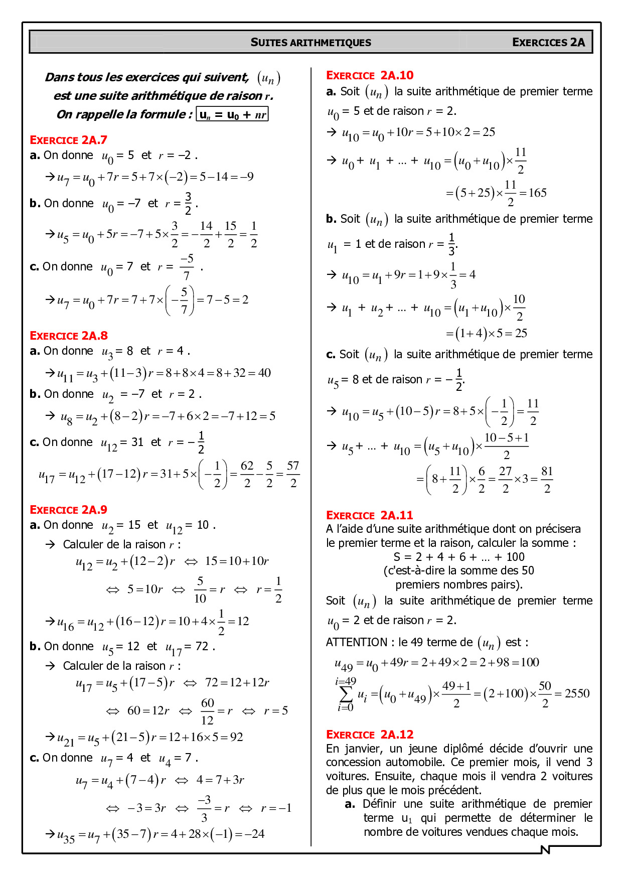 Suites arithmétiques - Corrigés d'exercices - AlloSchool