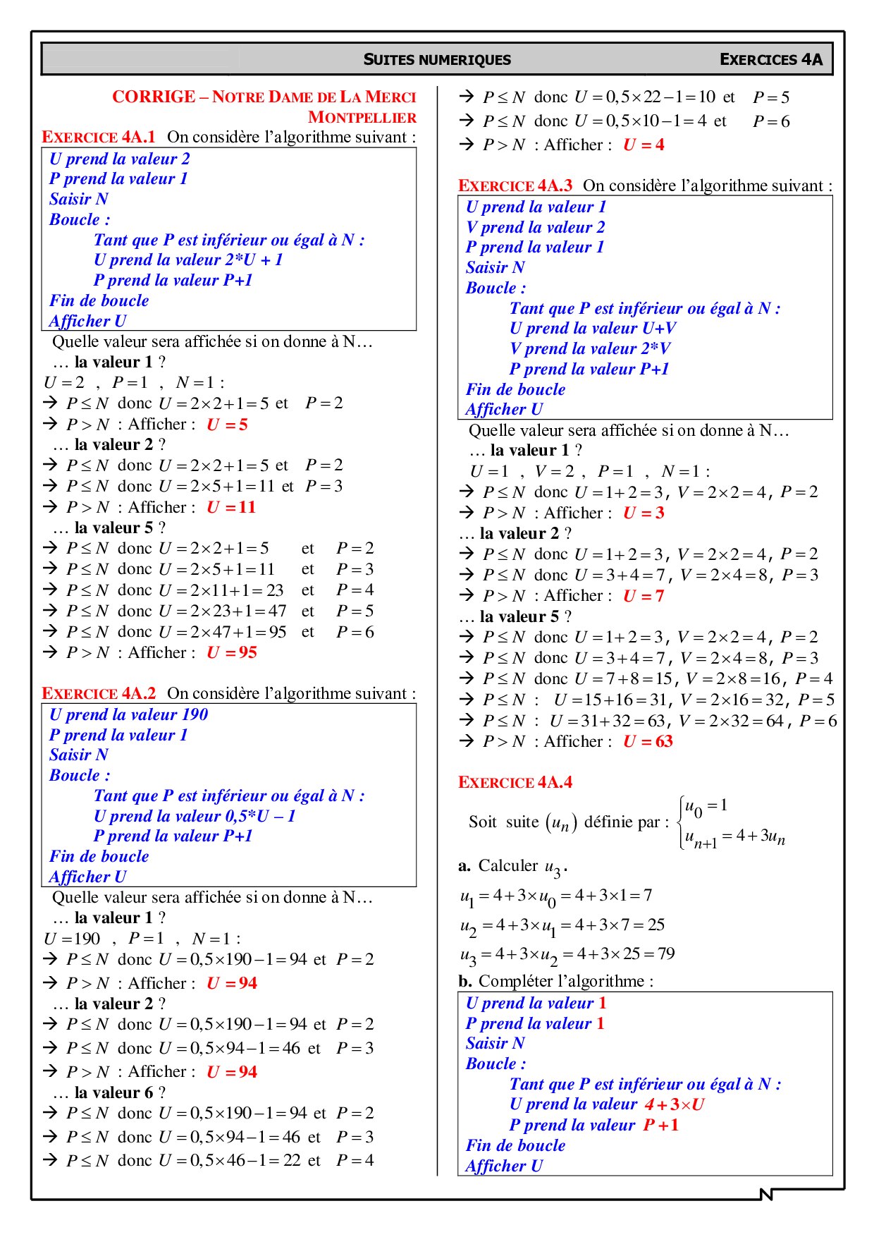 Algorithmes et suites - Corrigés d'exercices - AlloSchool