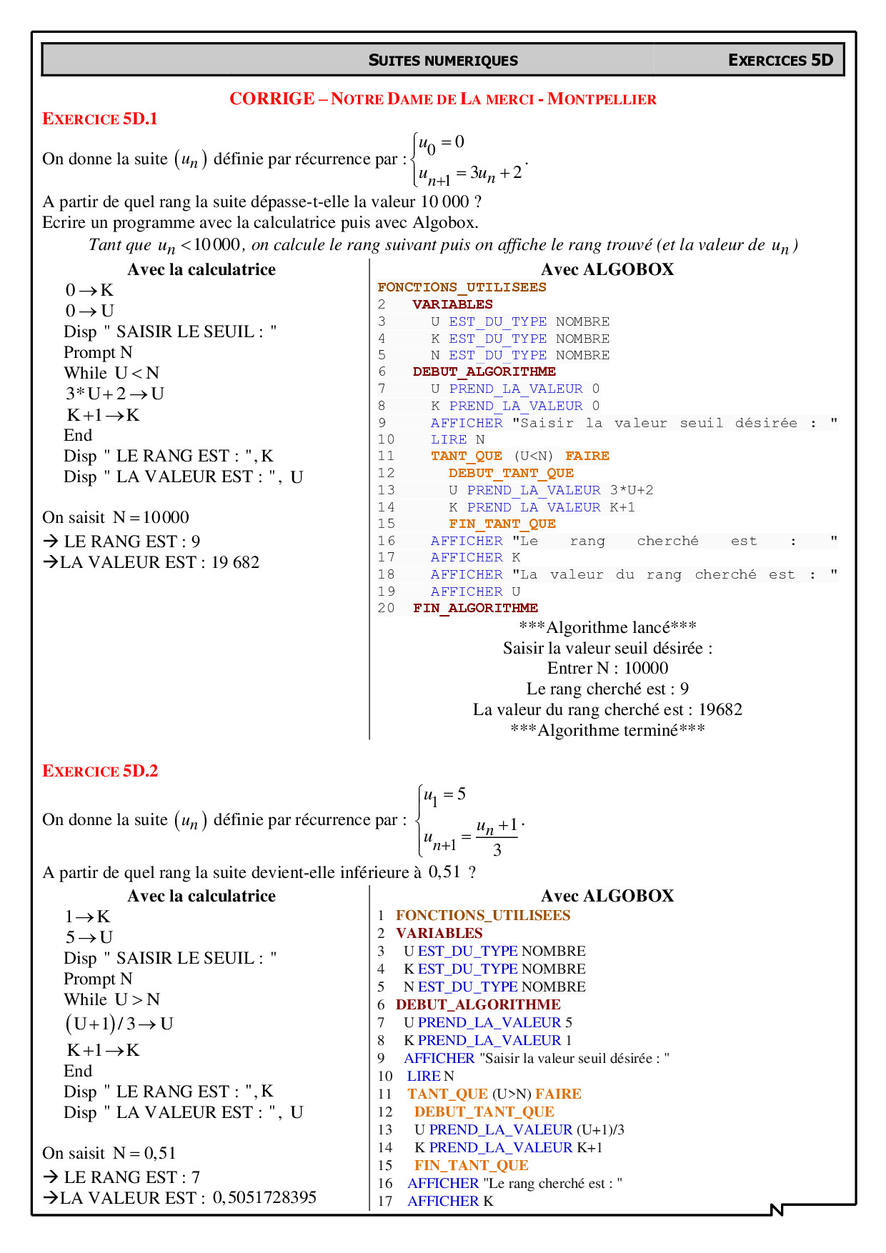 Algorithme pour trouver le seuil - Corrigés d'exercices - AlloSchool