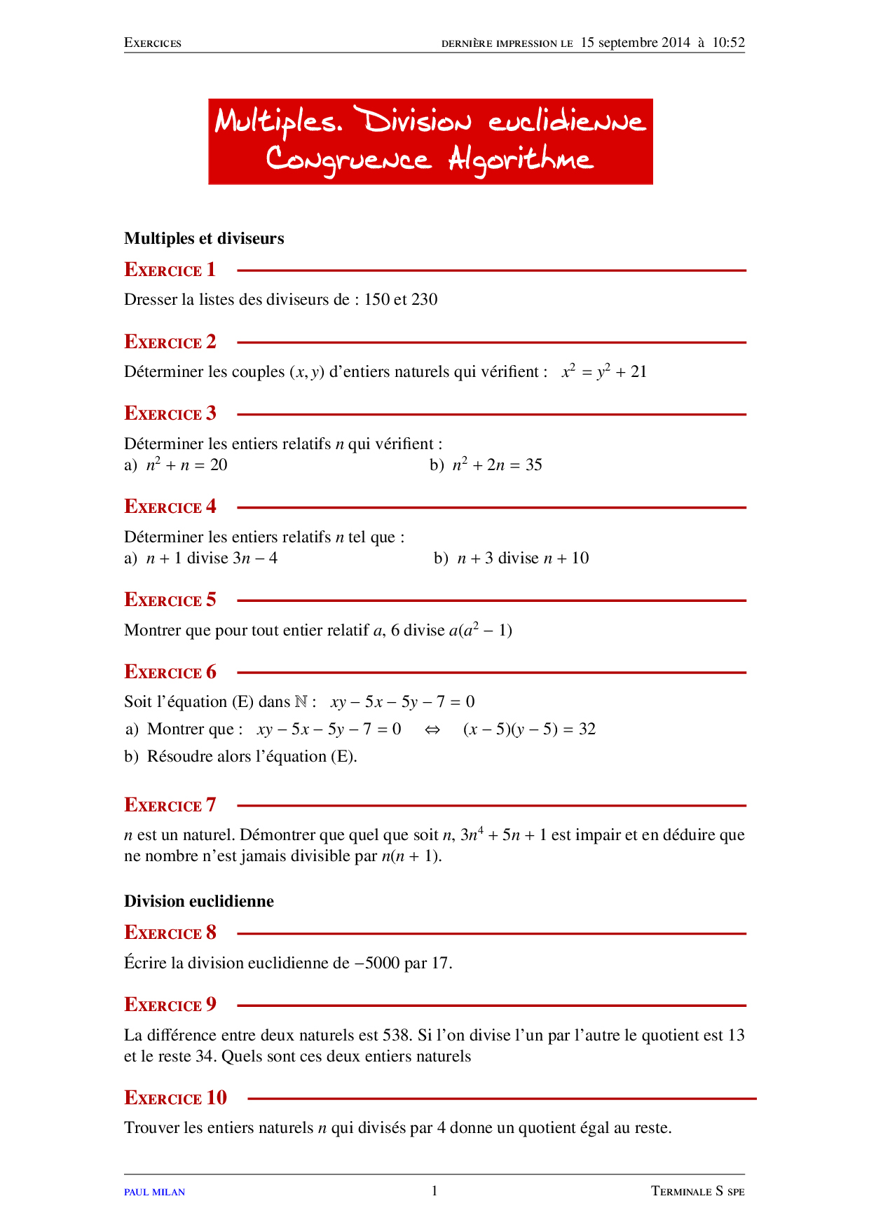 Multiples - Division euclidienne - Congruence - Exercices non corrigés ...