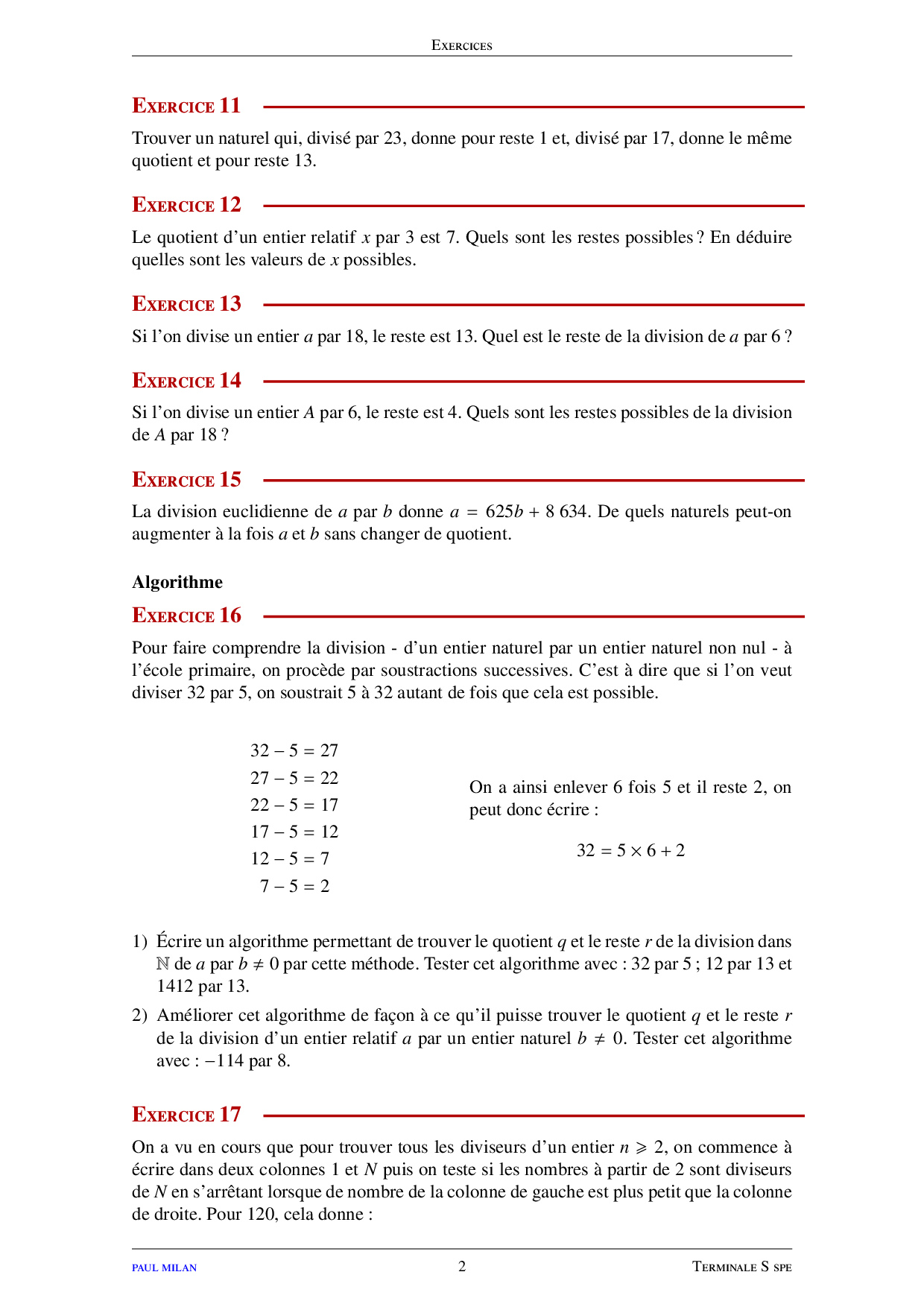 Multiples - Division euclidienne - Congruence - Exercices non corrigés ...