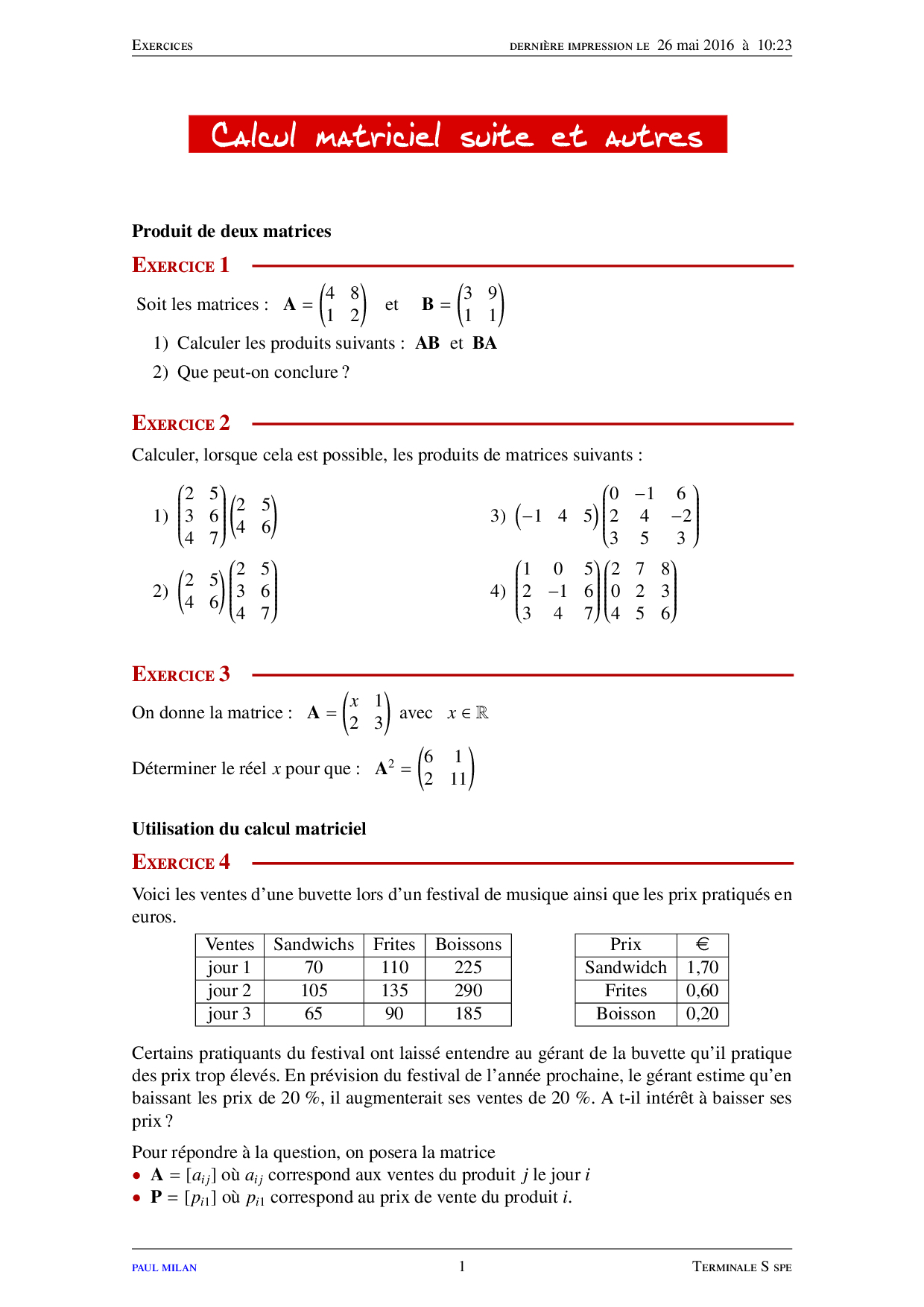 Matrices et suites - Exercices non corrigés - AlloSchool
