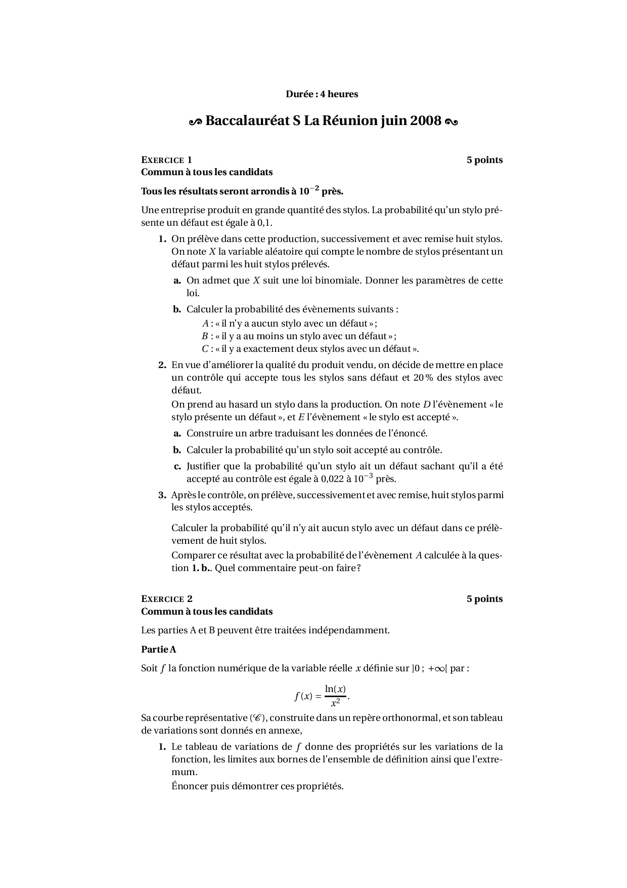 Annale Maths Bac S La Réunion juin 2008 - Sujet - AlloSchool