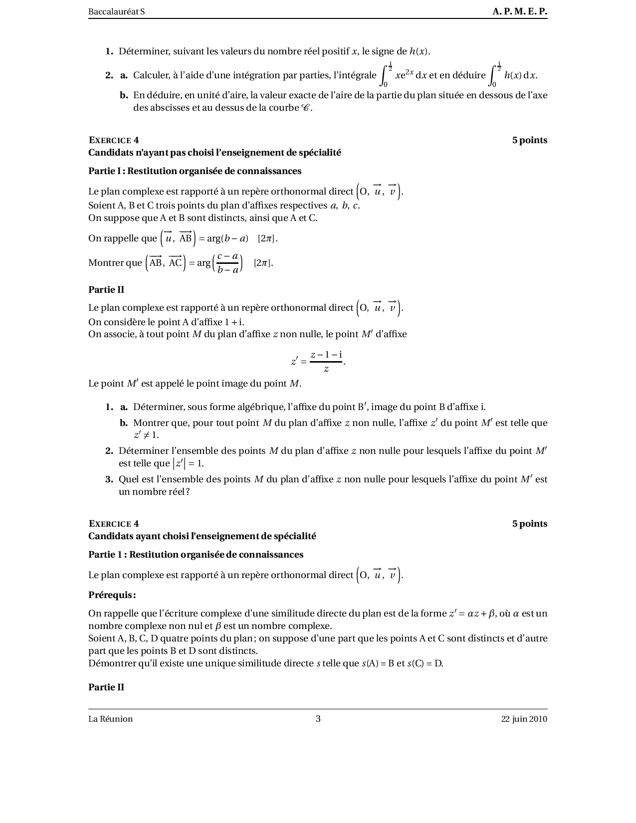 Annale Maths Bac S La Réunion juin 2010 - Sujet - AlloSchool