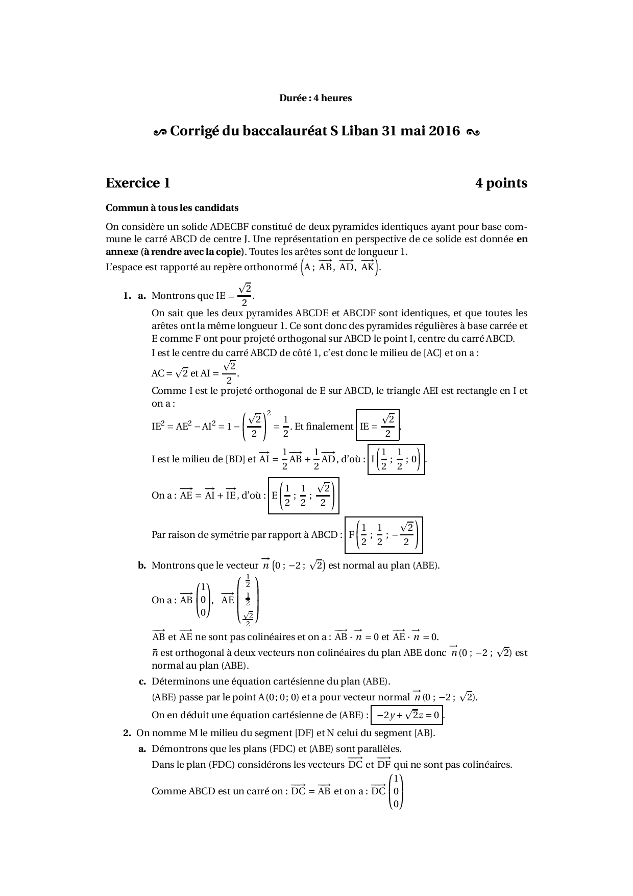 Annale Maths Bac S Liban mai 2016 - Corrigé - AlloSchool