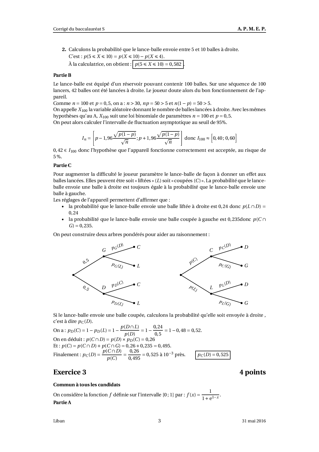 Annale Maths Bac S Liban mai 2016 - Corrigé - AlloSchool
