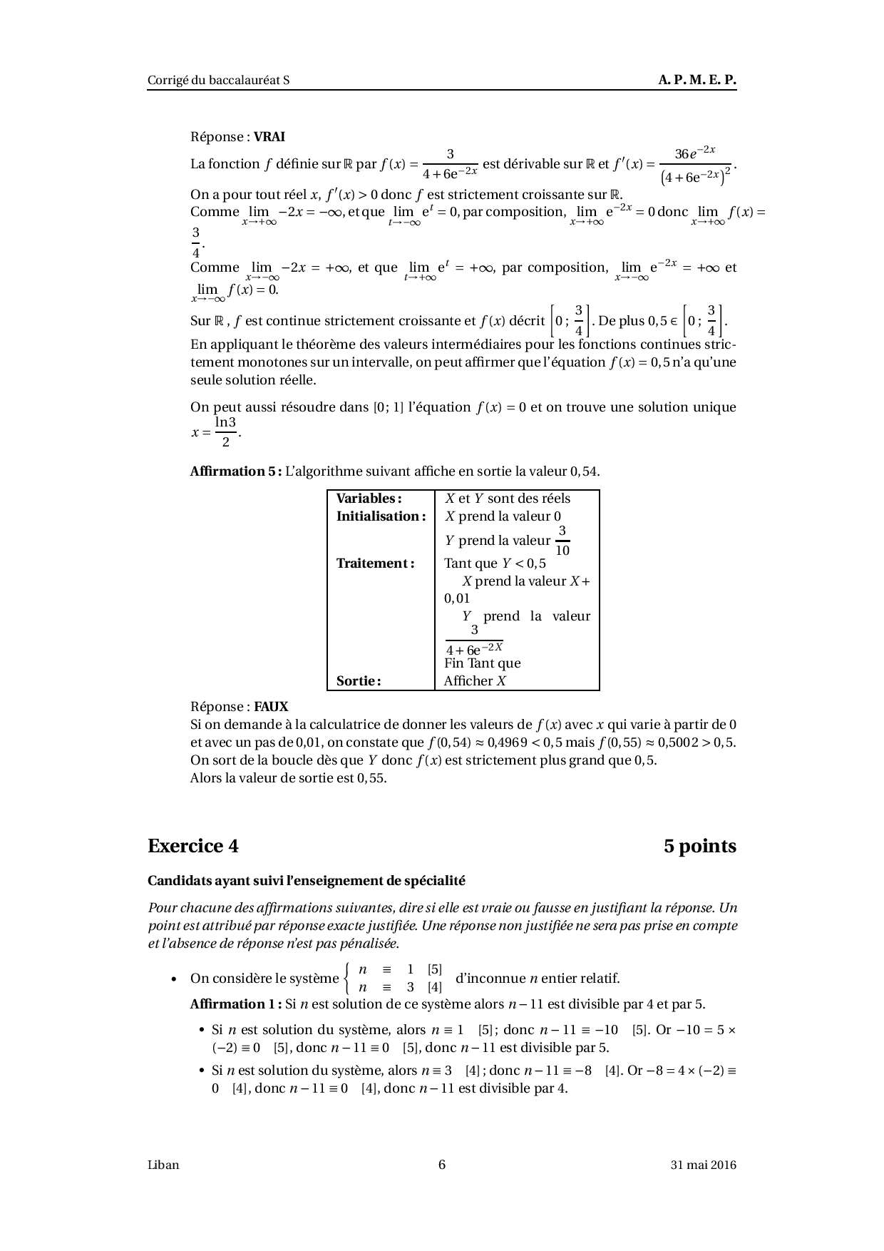Annale Maths Bac S Liban mai 2016 - Corrigé - AlloSchool