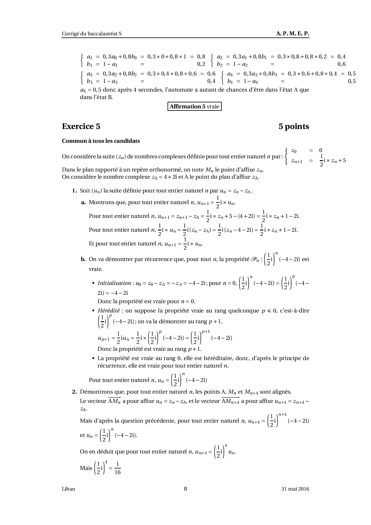 Annale Maths Bac S Liban mai 2016 - Corrigé - AlloSchool