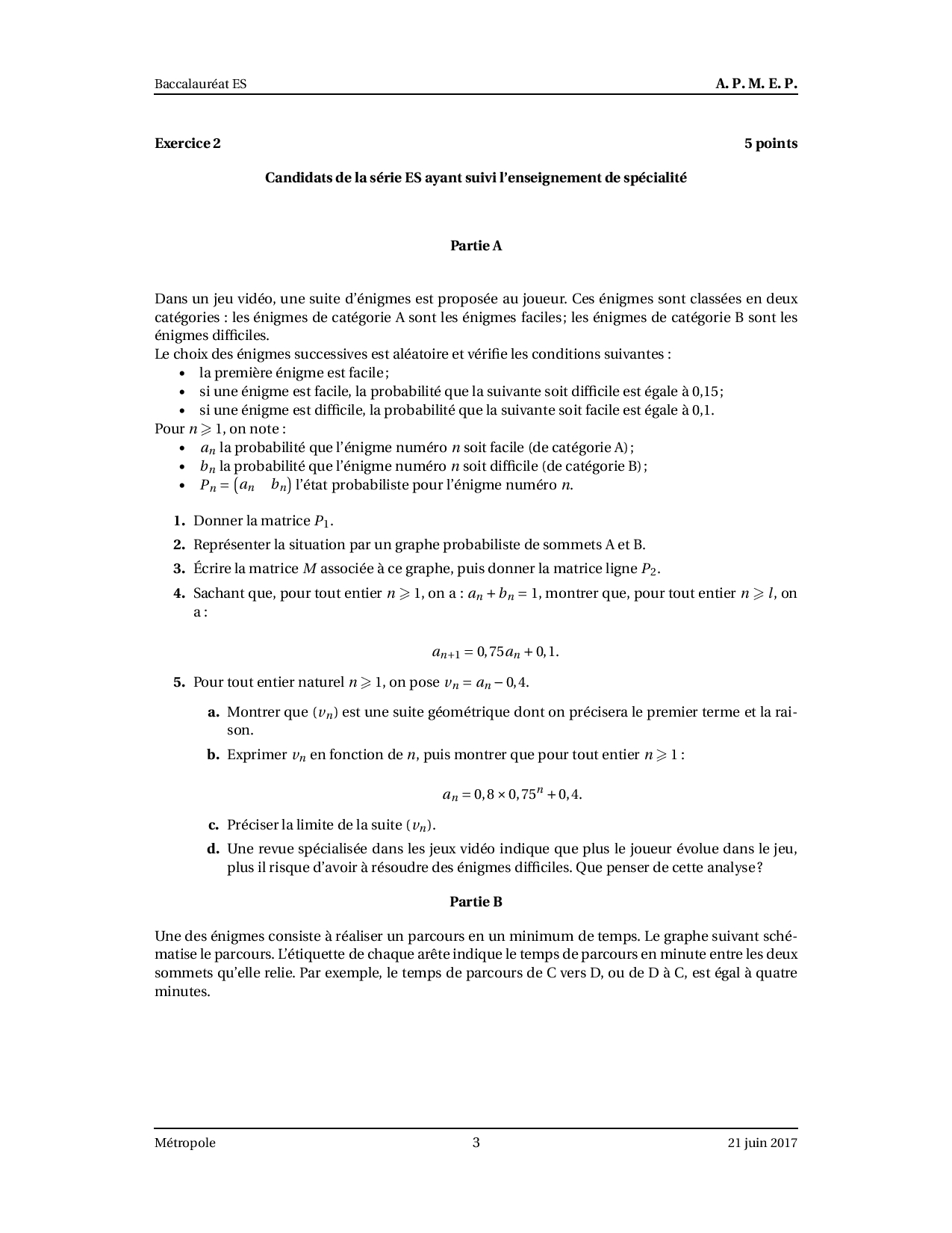 Annale Maths Bac ES-L Métropole juin 2017 - Sujet - AlloSchool