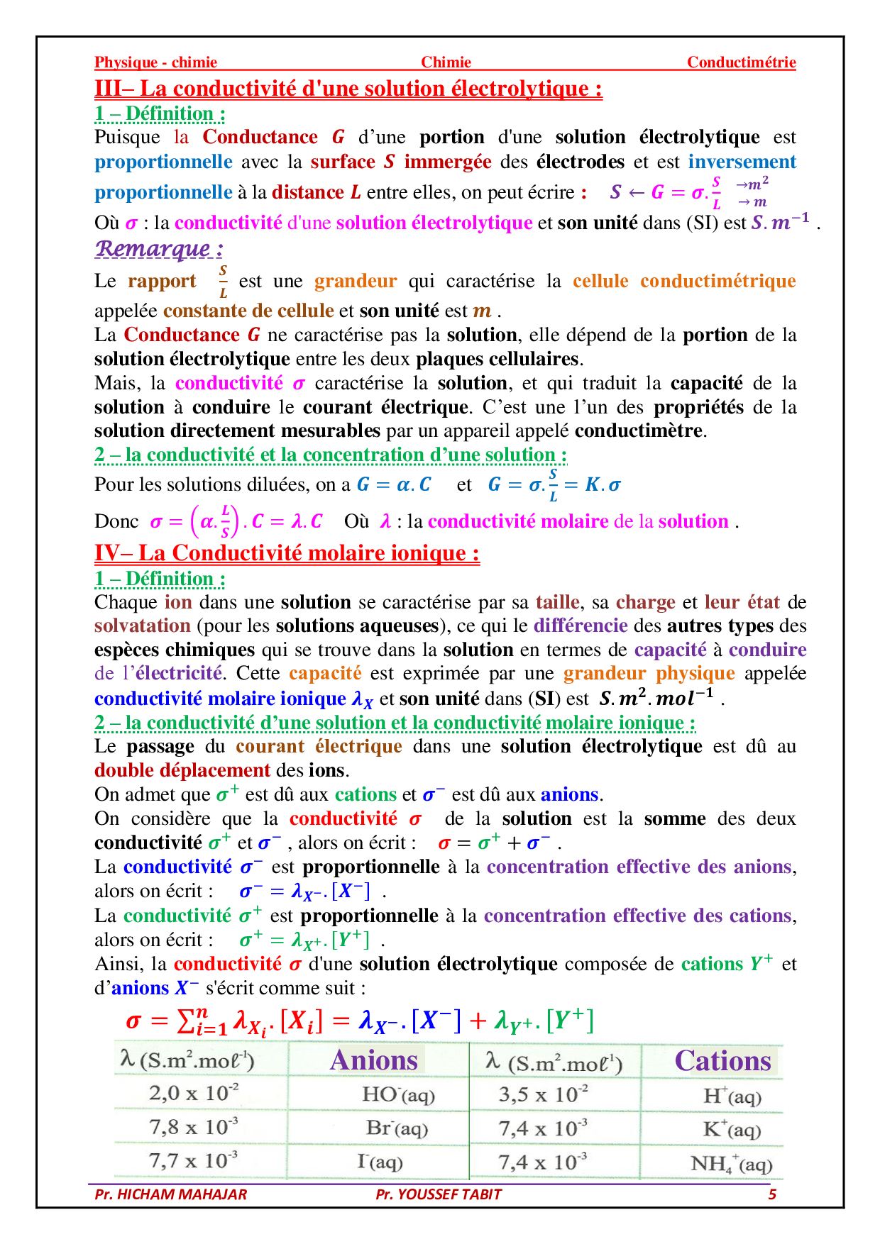 Mesure des quantités de matière en solution par conductimétrie - Cours ...